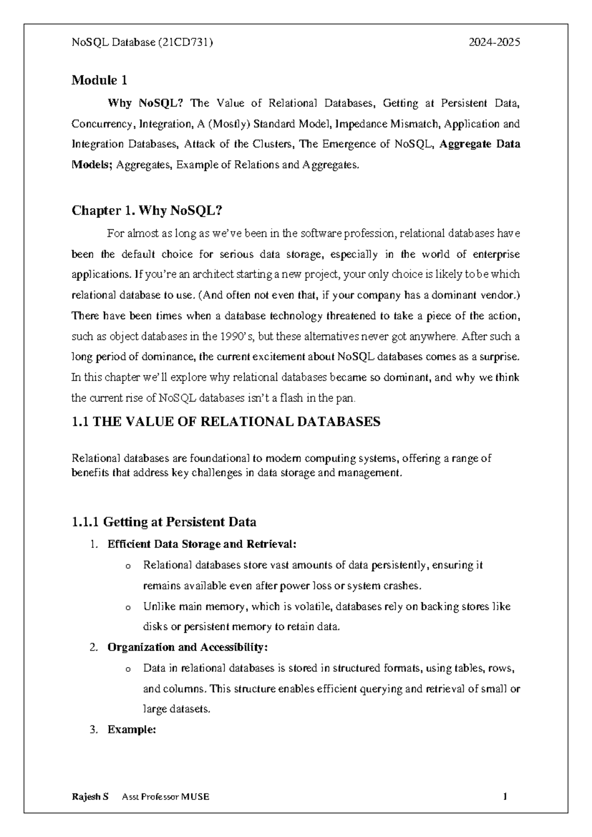 NoSQL Database (21CD731) Chapter 1: Understanding NoSQL and Relational ...