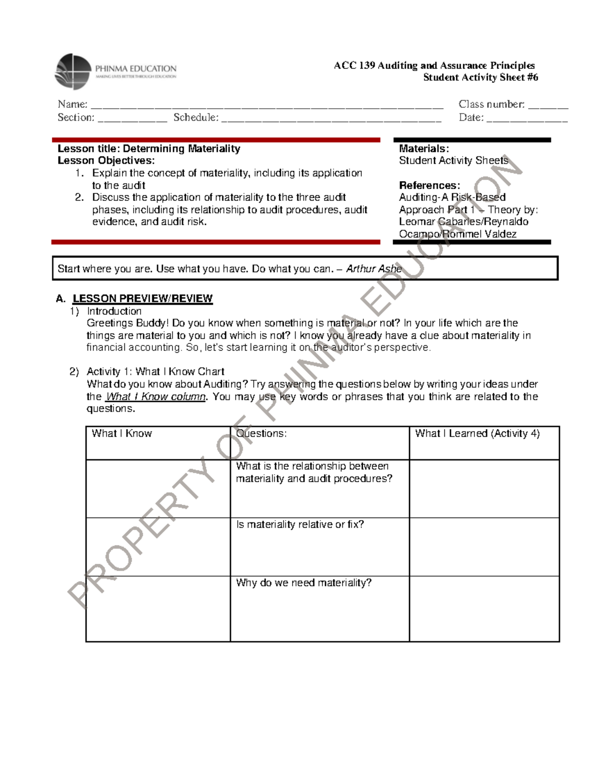 ACC 139 Auditing & Assurance Principles: Materiality Activity Sheet - Studocu