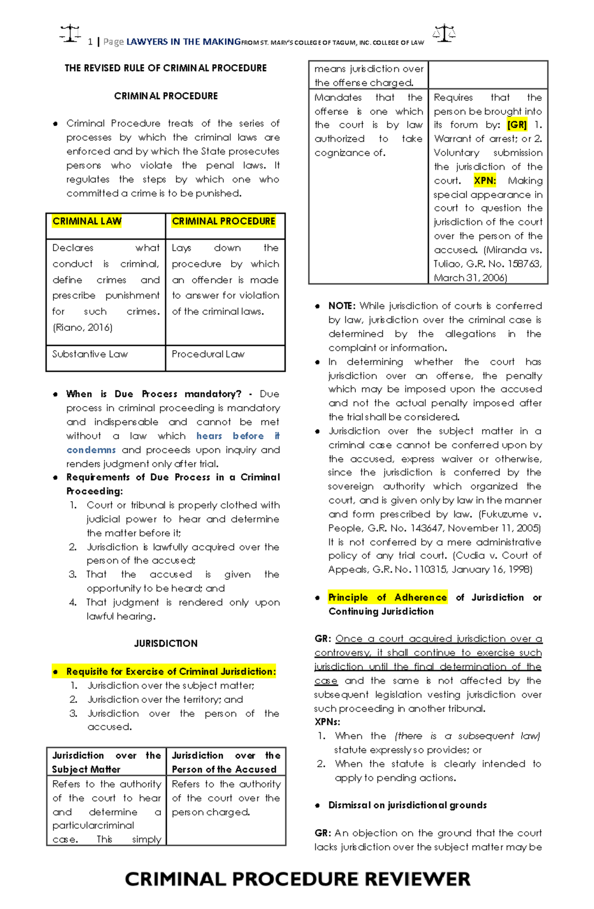 Revised Criminal Procedure Reviewer for Law Course CRIMPRO 101 - Studocu