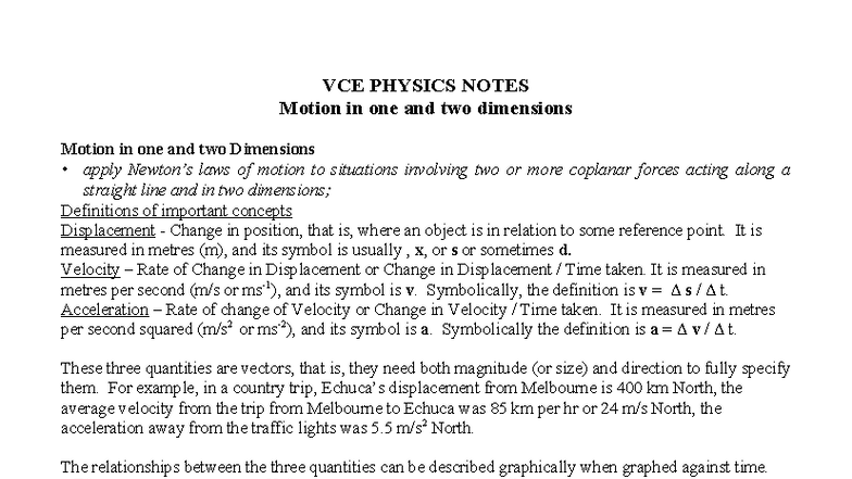 VCE PHYSICS UNIT 3 NOTES: Motion in One and Two Dimensions - Studocu