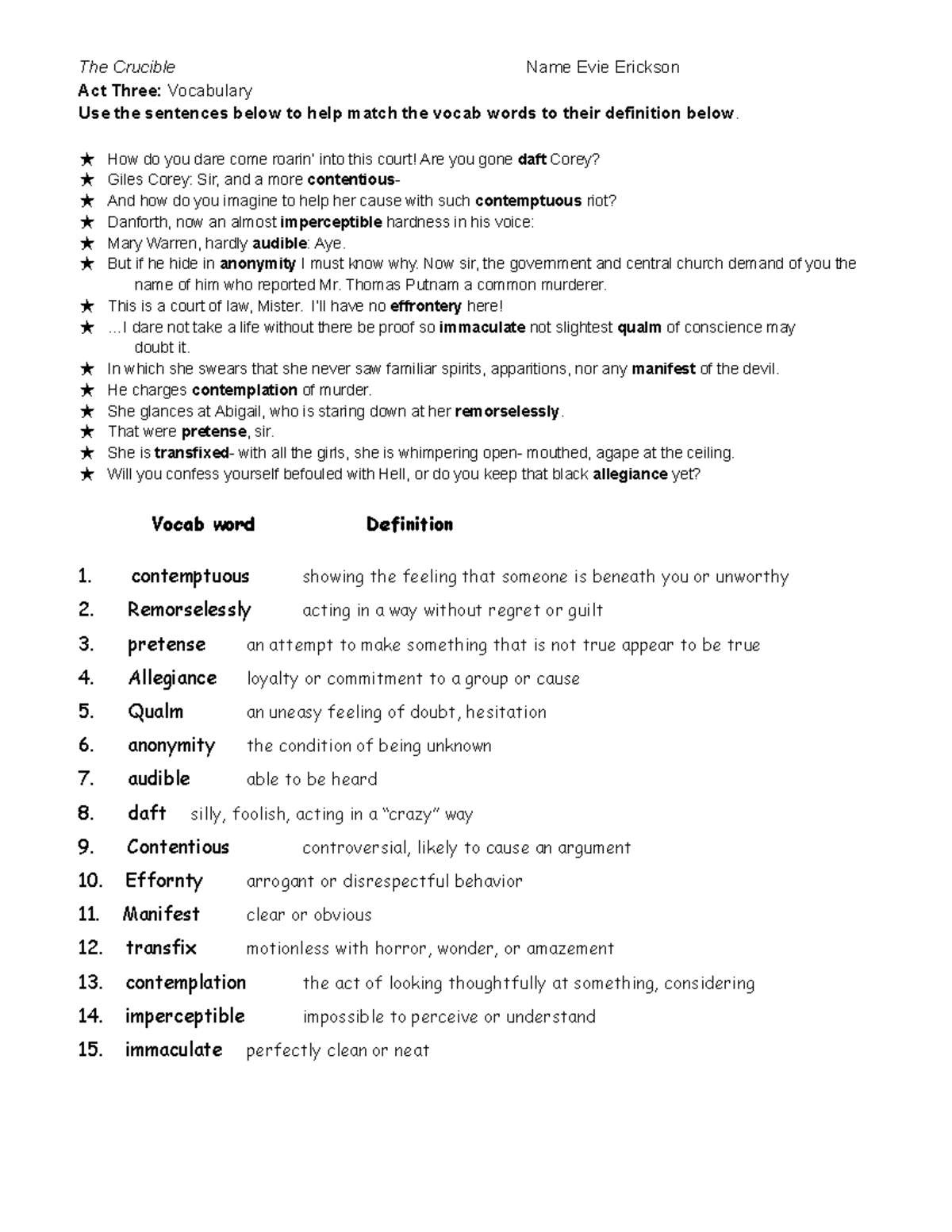 Evie Erickson - Act 3 Vocabulary The Crucible - 9227992 - The Crucible ...