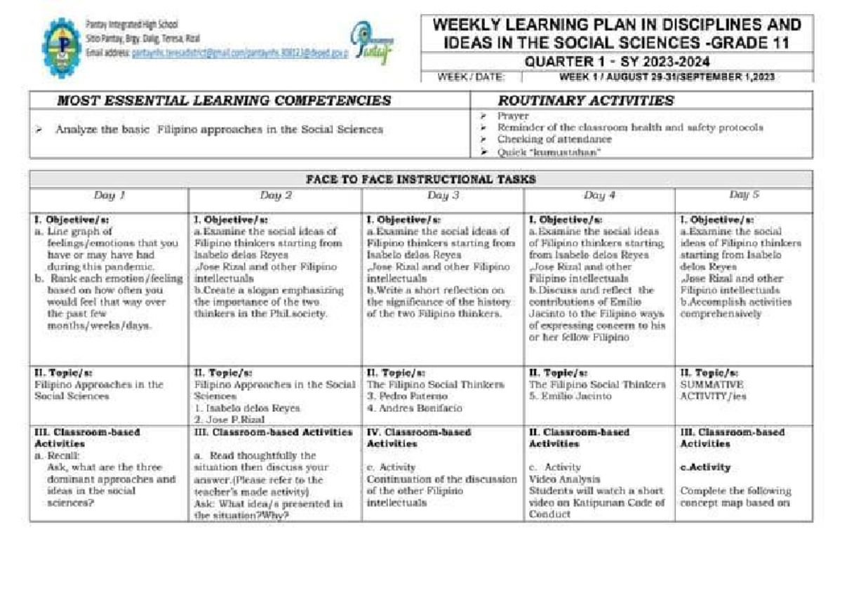 Partay Integrated High School WEEKLY LEARNING PLAN: Social Sciences 11 ...