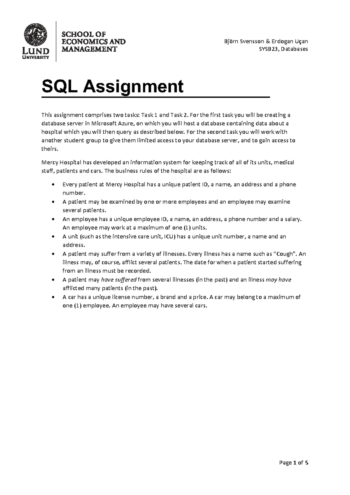 SYSB23 Databases SQL Assignment: Hospital Database Tasks - Studocu