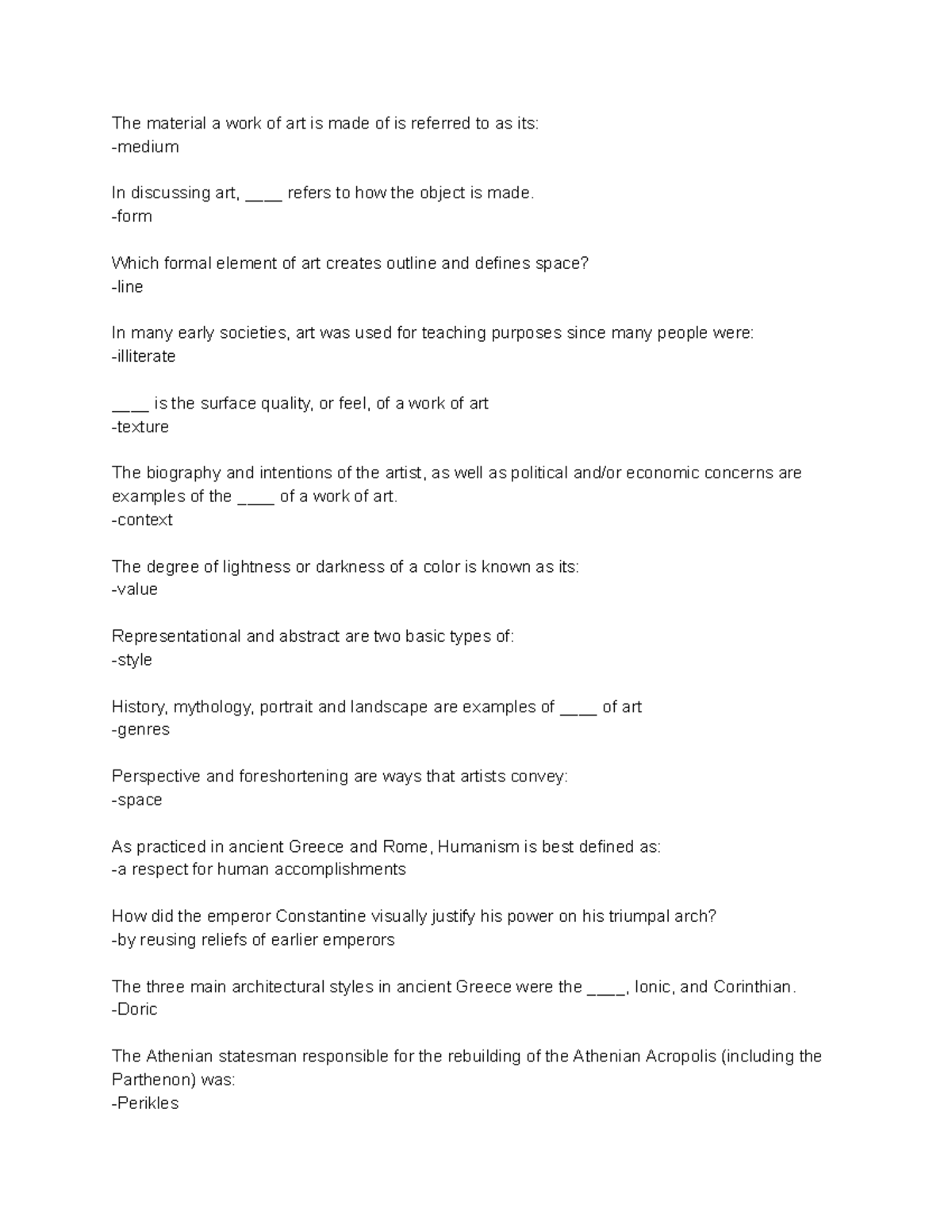 Art Study Guide (Quiz Questions) for Art History 101 - Studocu