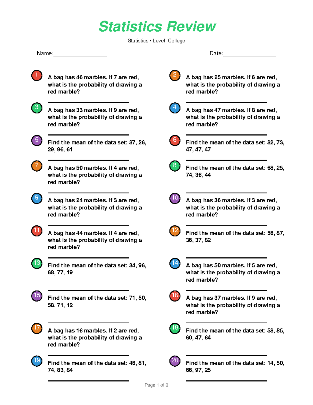 Statistics Review 2: Probability & Mean Calculations (College) - Studocu