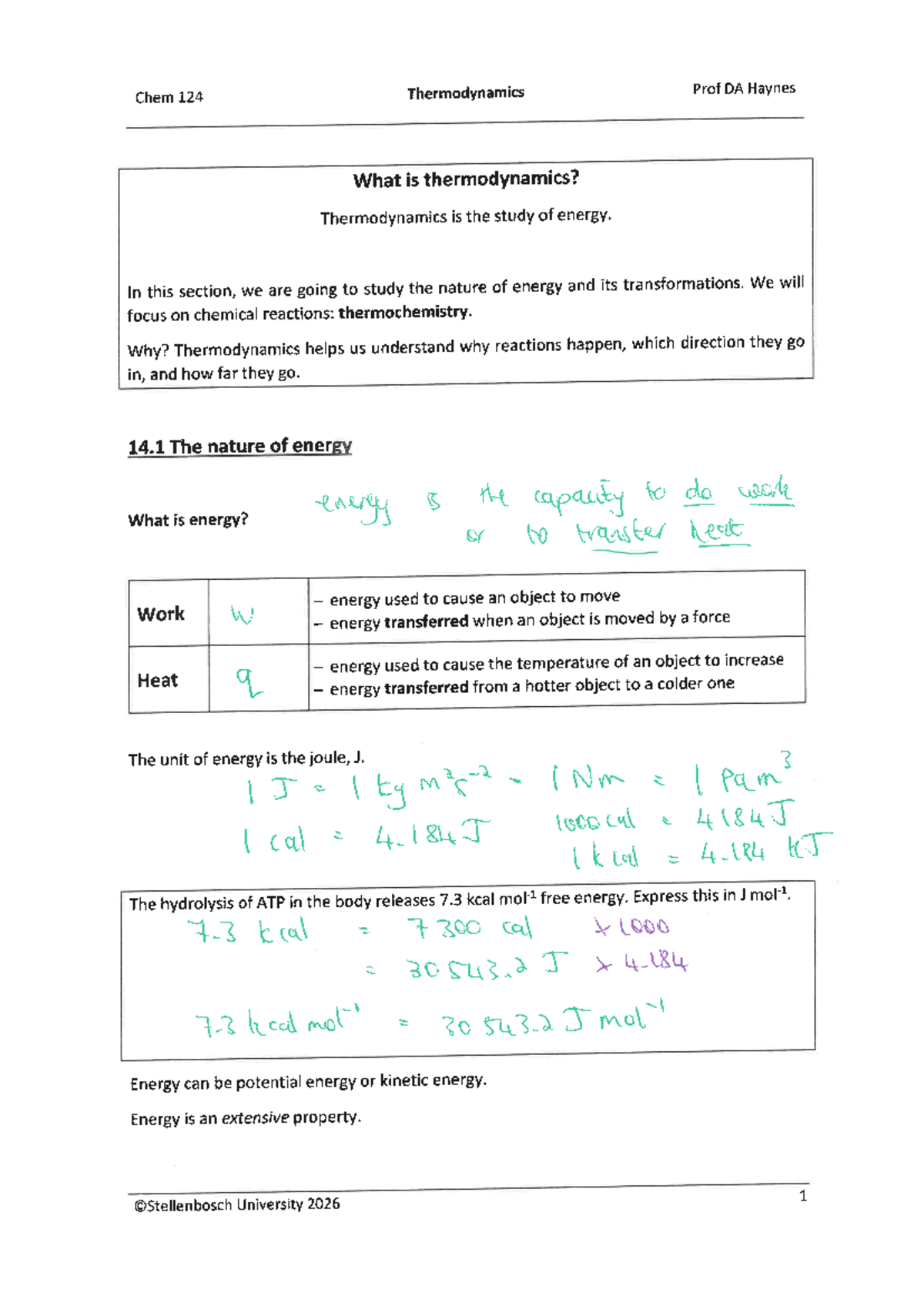 Chem 124 Thermodynamics Lecture 1 Notes - Prof DA Haynes 2026 - Studocu