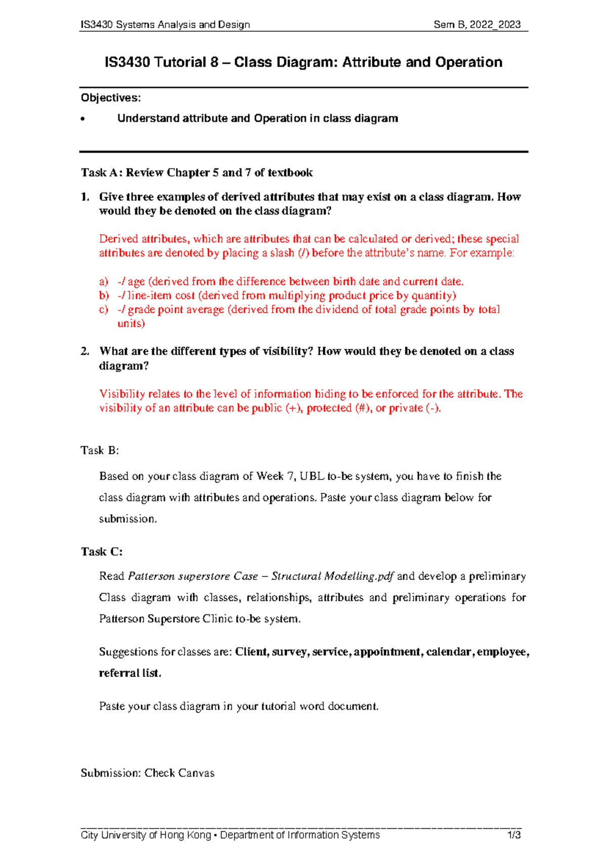 IS3430 Tutorial 8: Class Diagram Attributes & Operations Guide - Studocu
