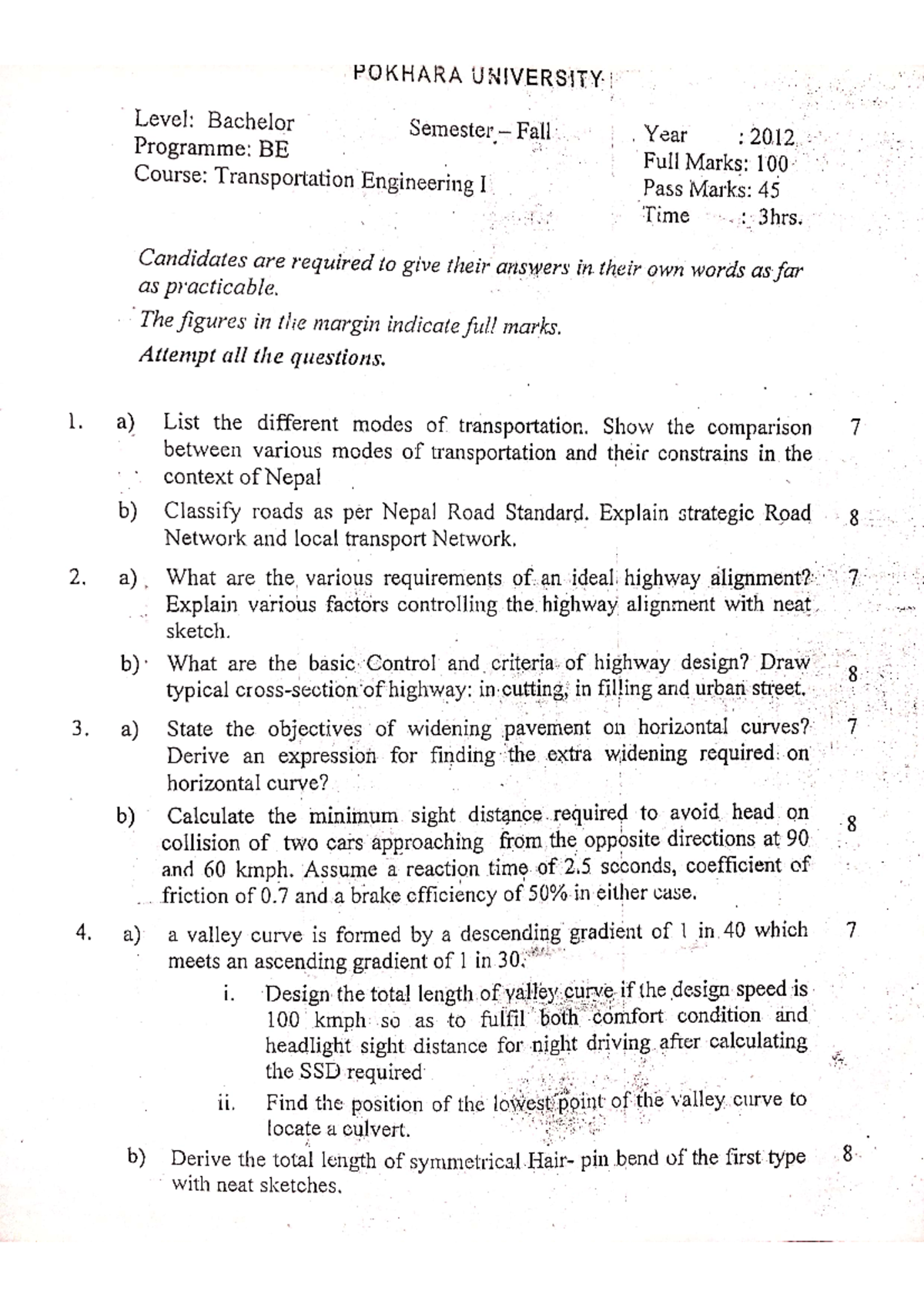 Transportation Engineering I Old Question - Civil Engineering - Studocu