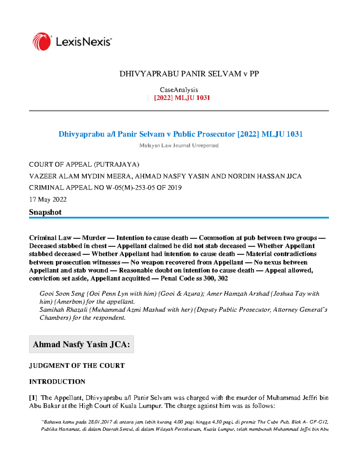 Case Analysis: Dhivyaprabu Panir Selvam v PP MLJU 1031 - Appeal Verdict ...