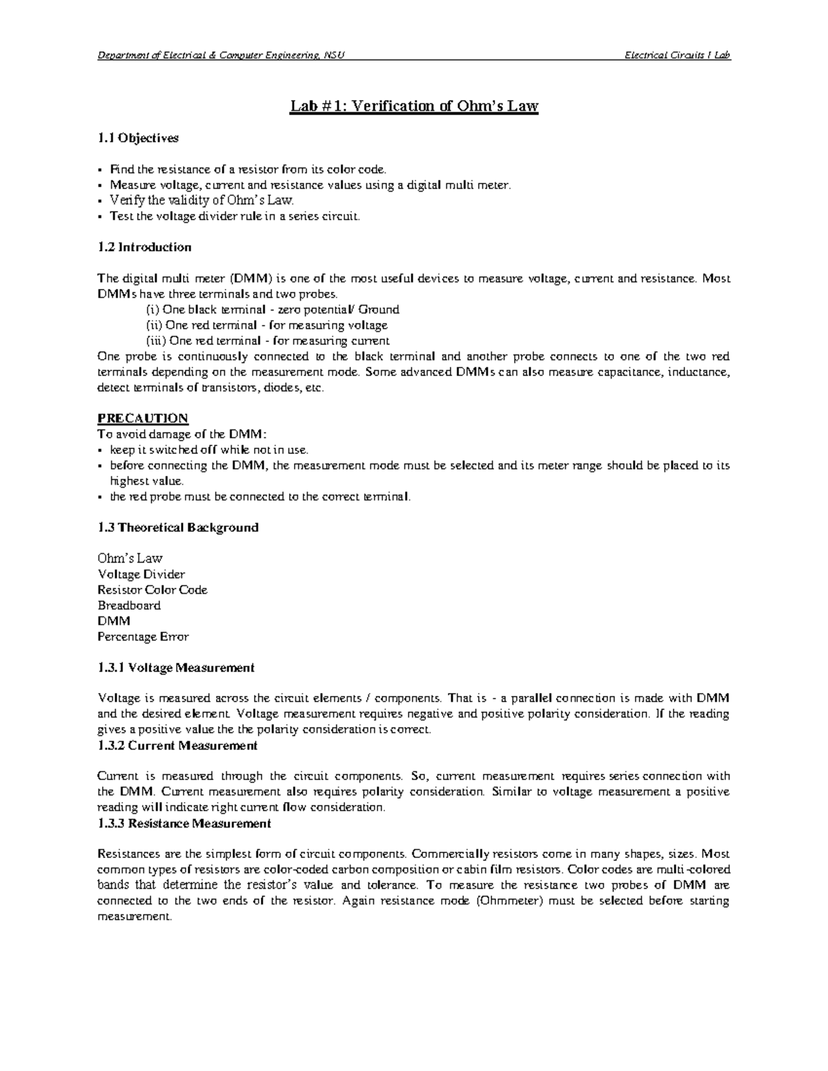 Lab-01 Verification of Ohm's Law - Lab # 1: Verification of Ohm’s Law 1 Objectives Find the ...