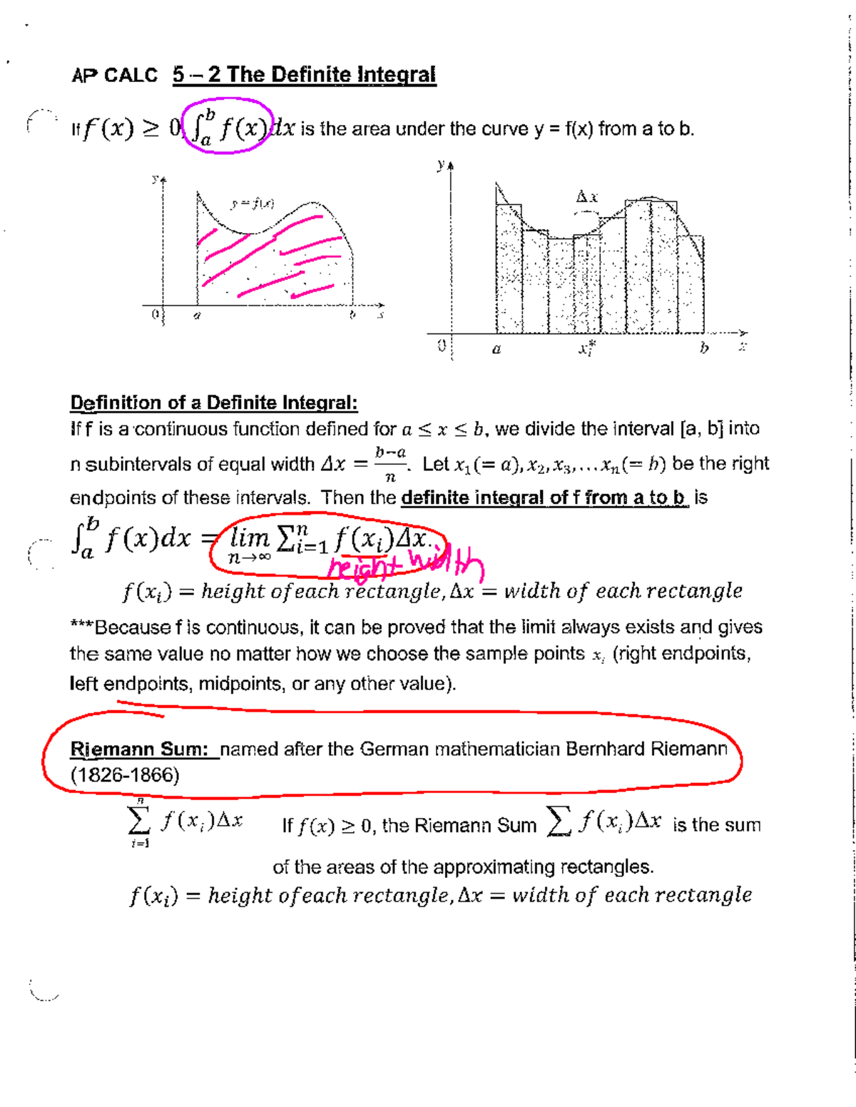 AP CALC 5-2 Definite Integral Concepts and Riemann Sums - Studocu