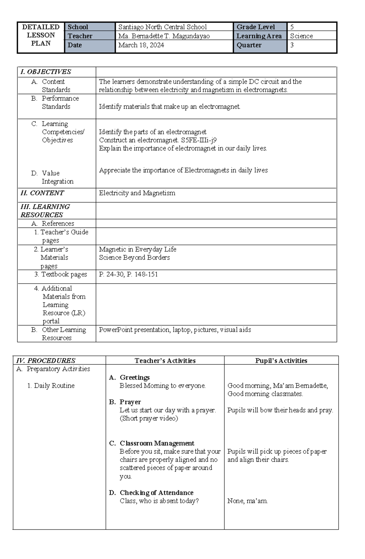DLP- Electromagnetism Lesson Plan for Grade 5 Science - Studocu