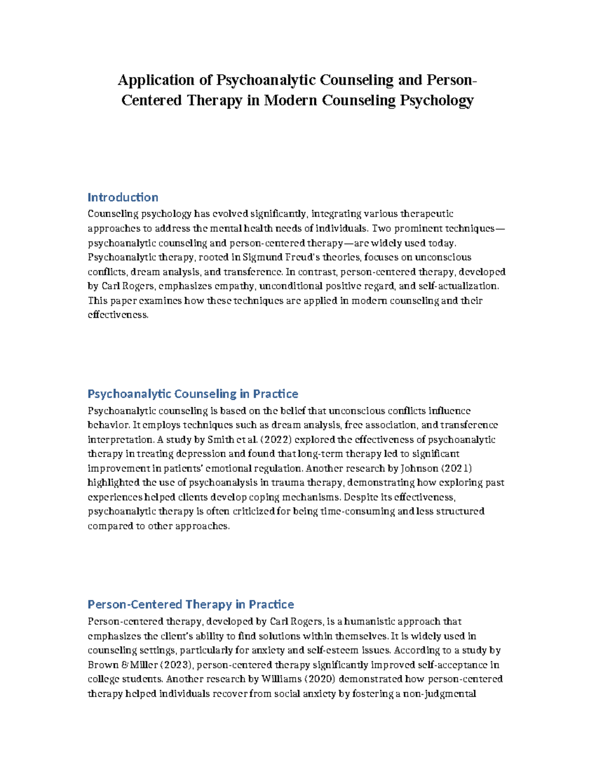 Psychoanalytic and Person Centered Therapy - Application of ...