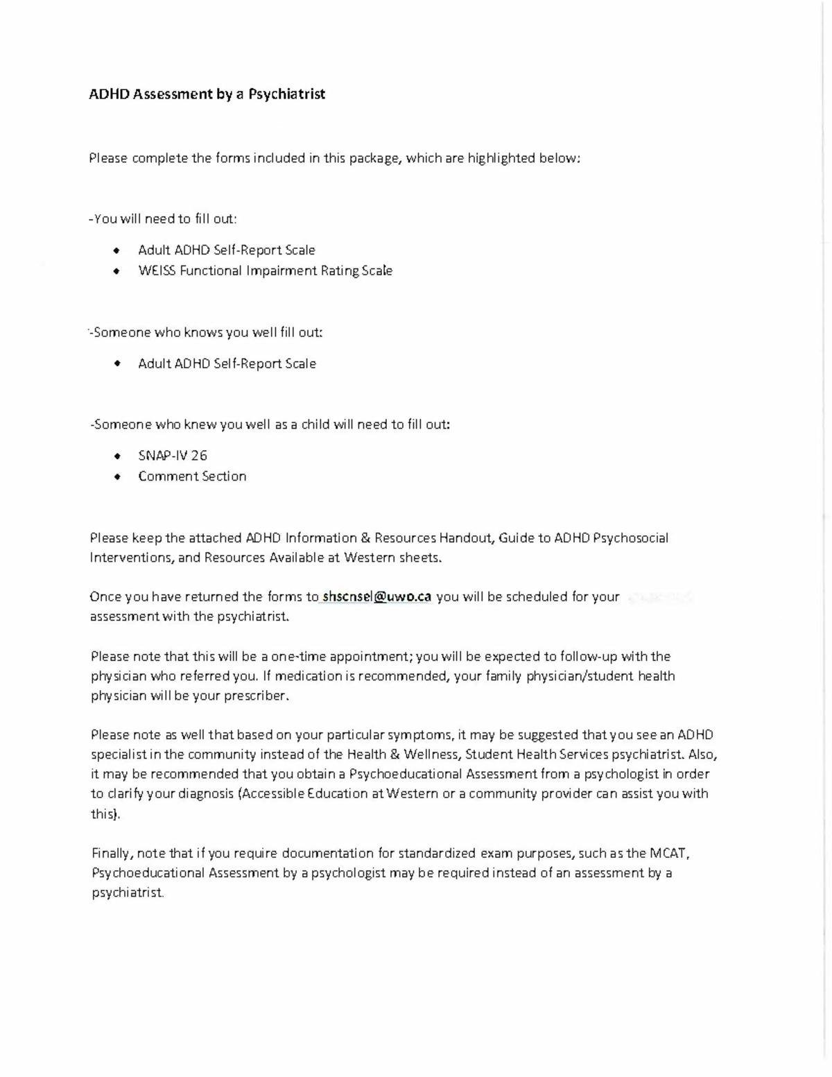 ADHD Package - ADHD Assessment by a Psychiatrist Please complete the ...