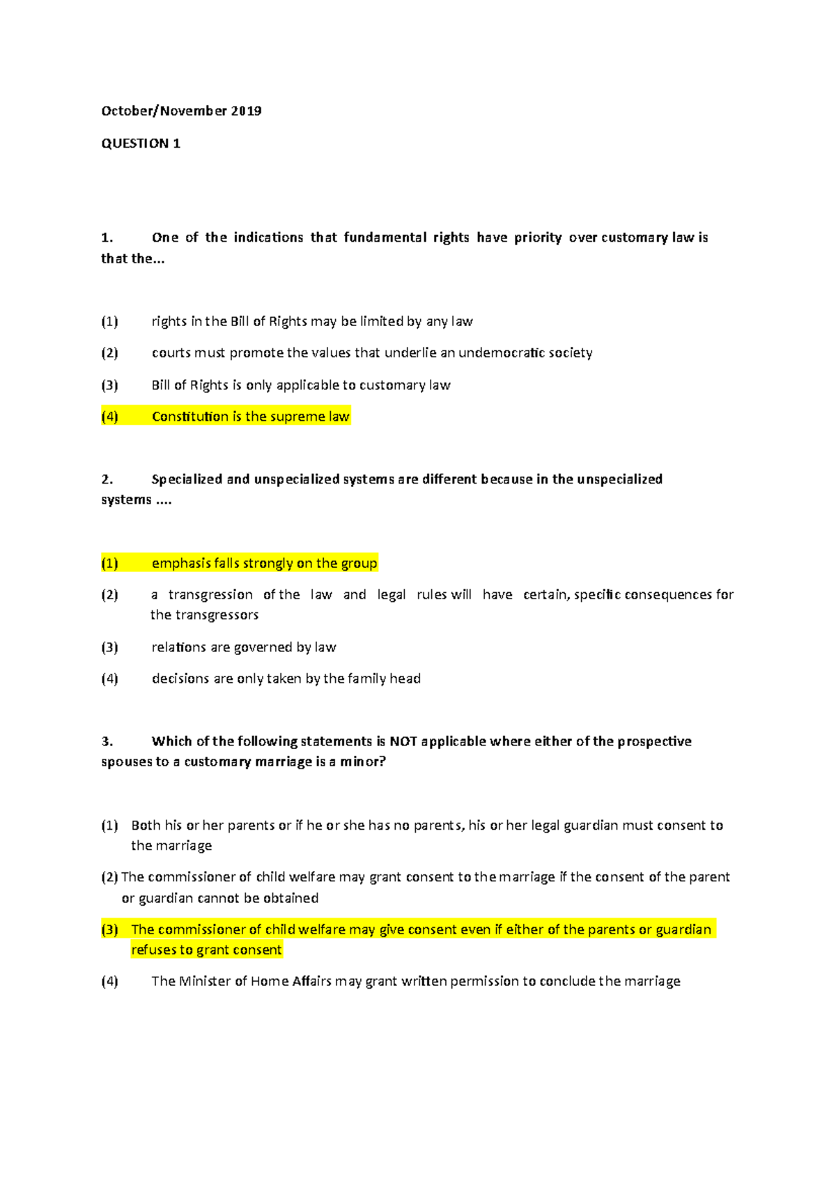 2014-2019 Customary Law Exam MCQs: Key Questions & Answers - Studocu