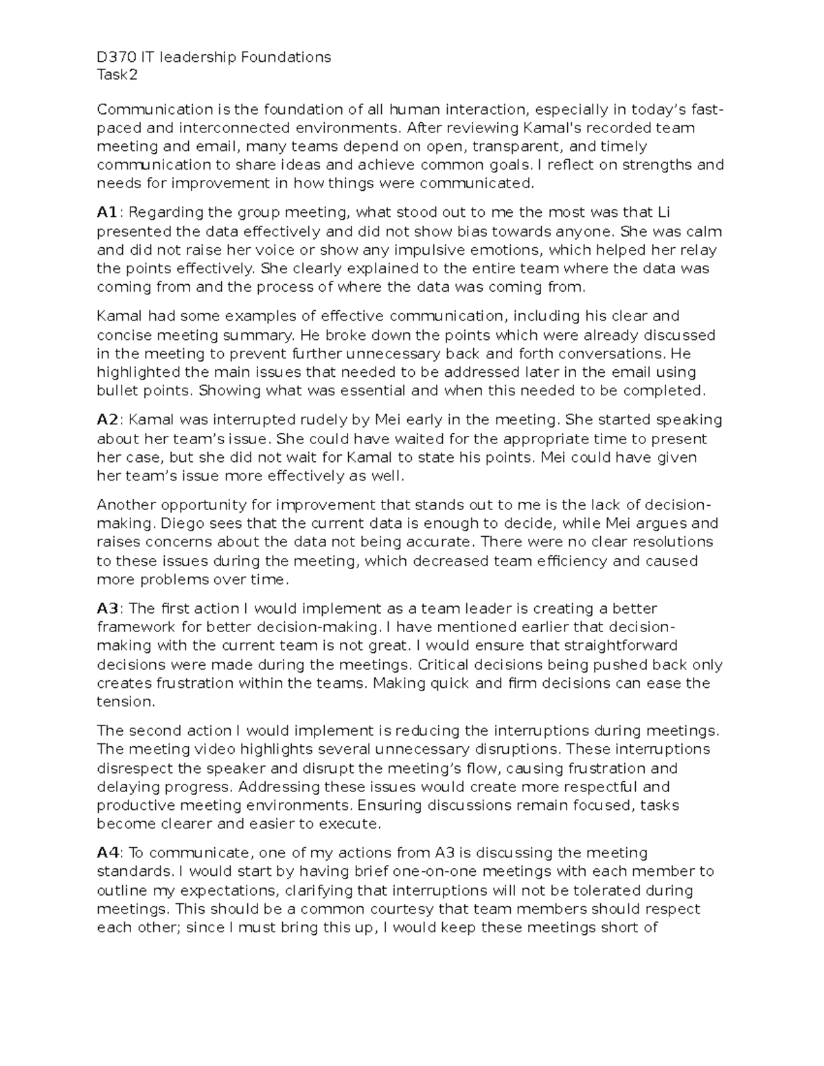 Final D370 task2 - D370 IT leadership Foundations Task Communication is ...