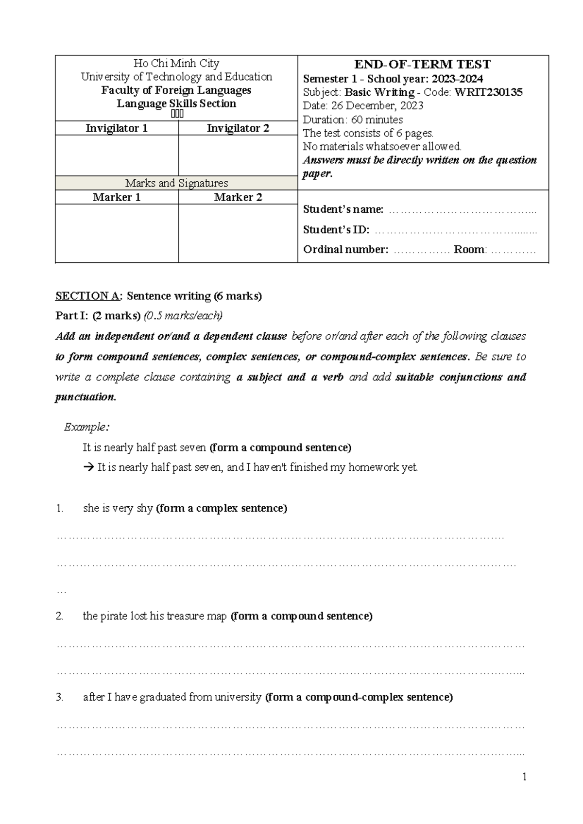 Basic Writing Final Exam WRIT230135 - December 2023 Test Instructions ...