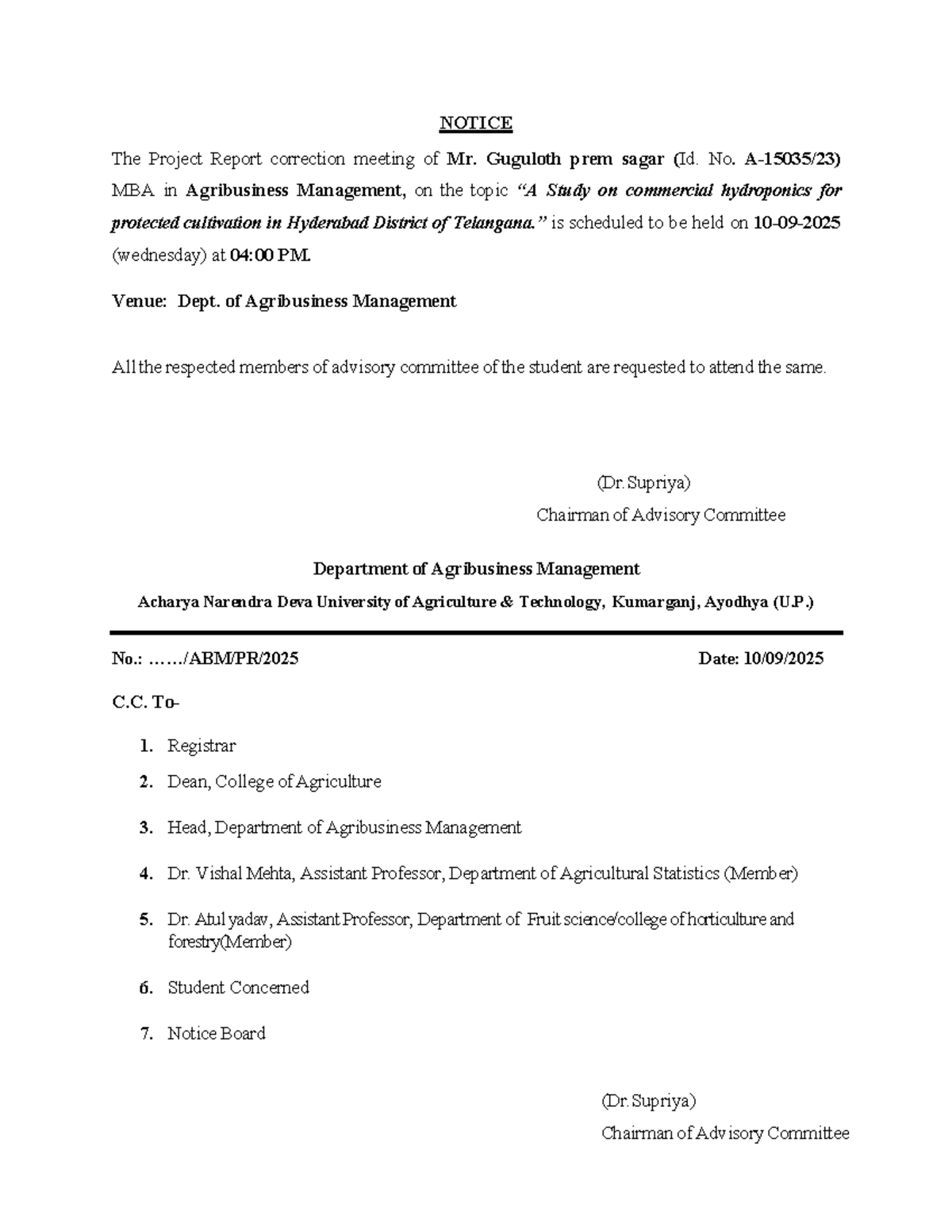 NOTICE: Project Report Correction Meeting for MBA in Agribusiness ...