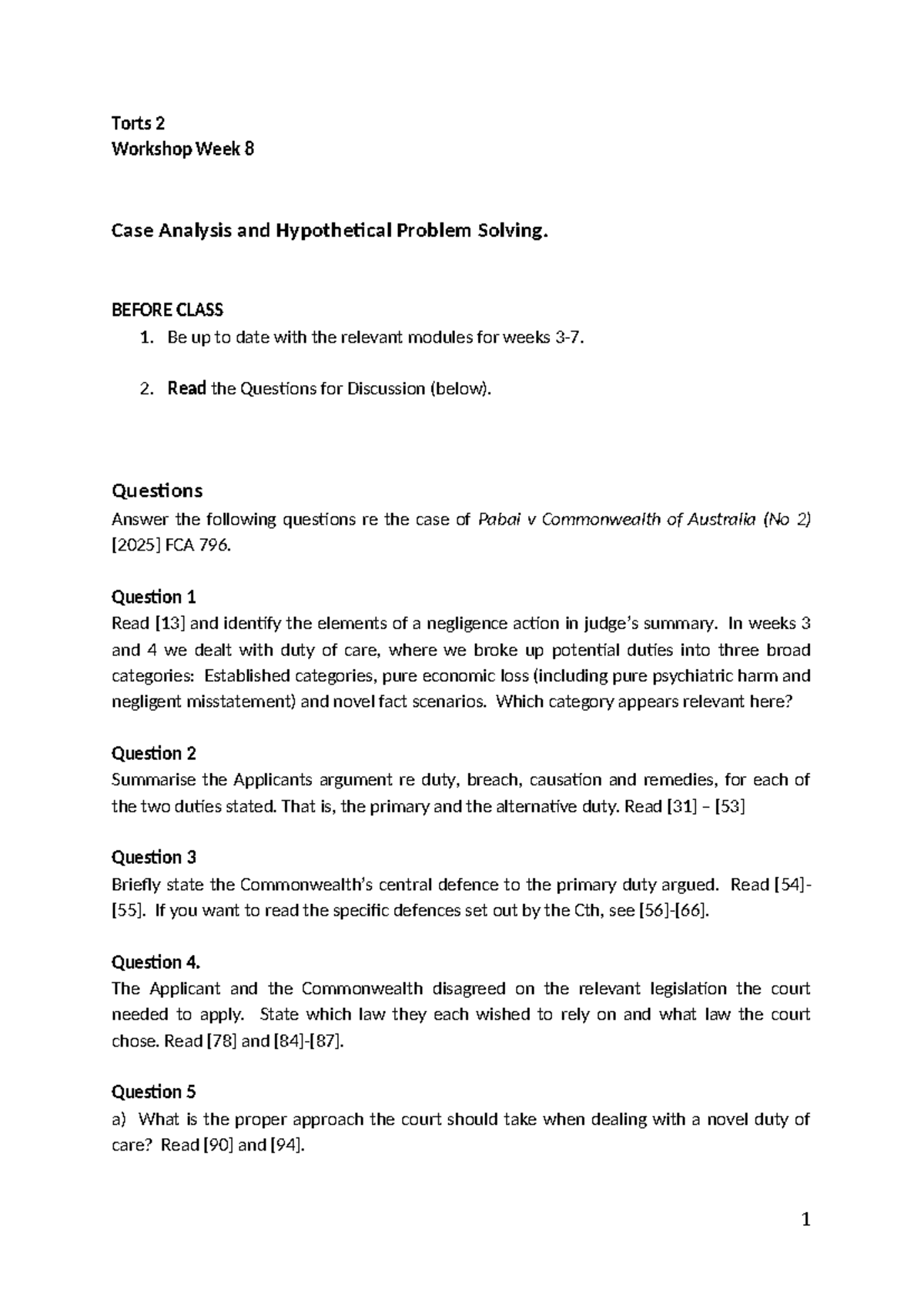 Torts 2 Workshop Week 8 Case Analysis: Pabai v Commonwealth - Studocu