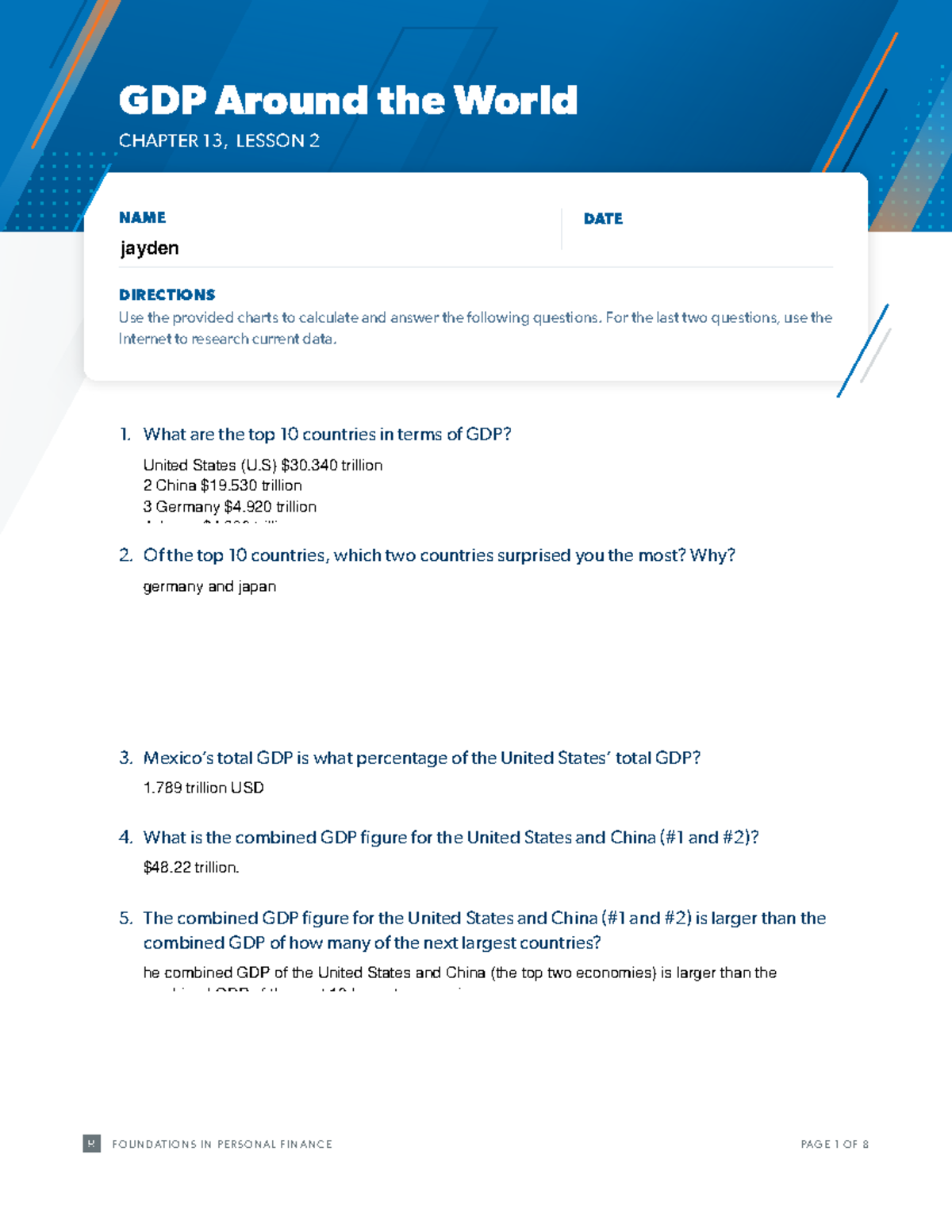 Act-ch13-l02-english - GDP Around the World CHAPTER 13, LESSON 2 NAME ...