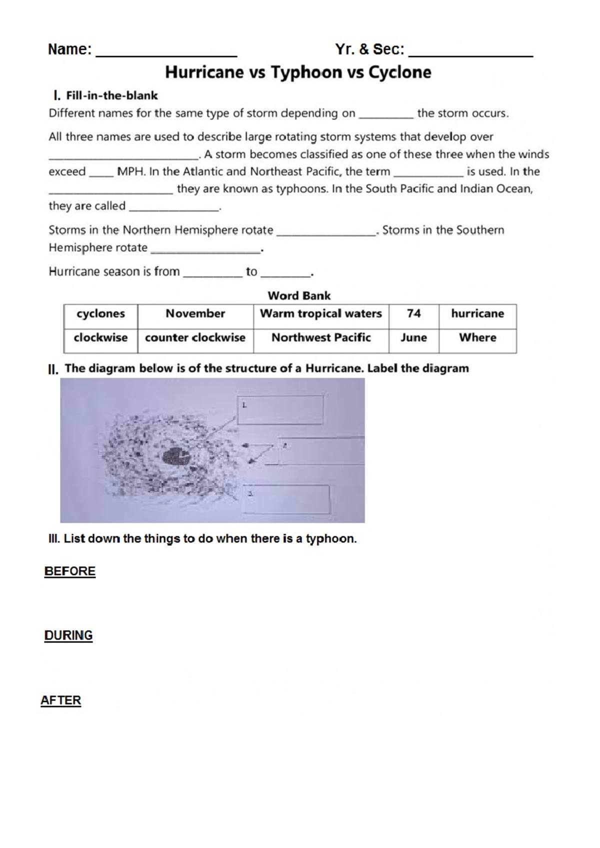 Grade 8 Worksheet: Understanding Hurricanes, Typhoons, and Cyclones ...