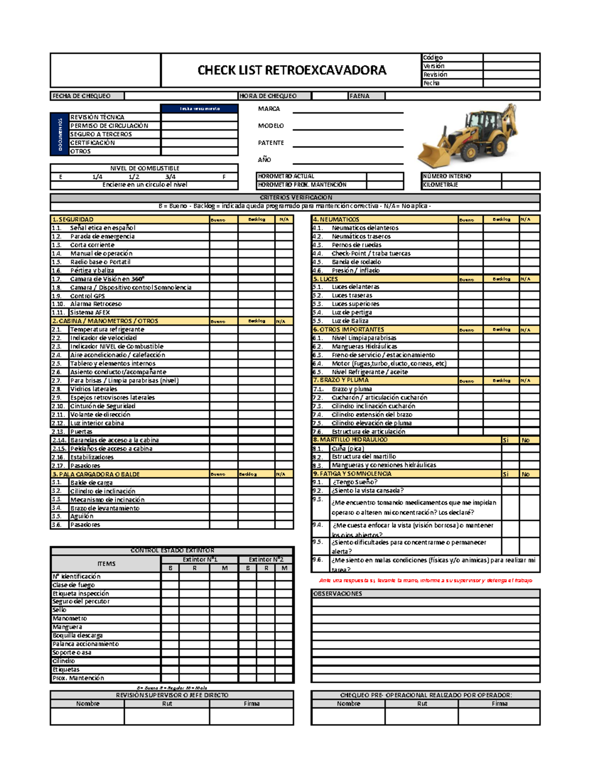 Check List Retroexcavadora: Inspección Pre-Operacional Detallada - Studocu