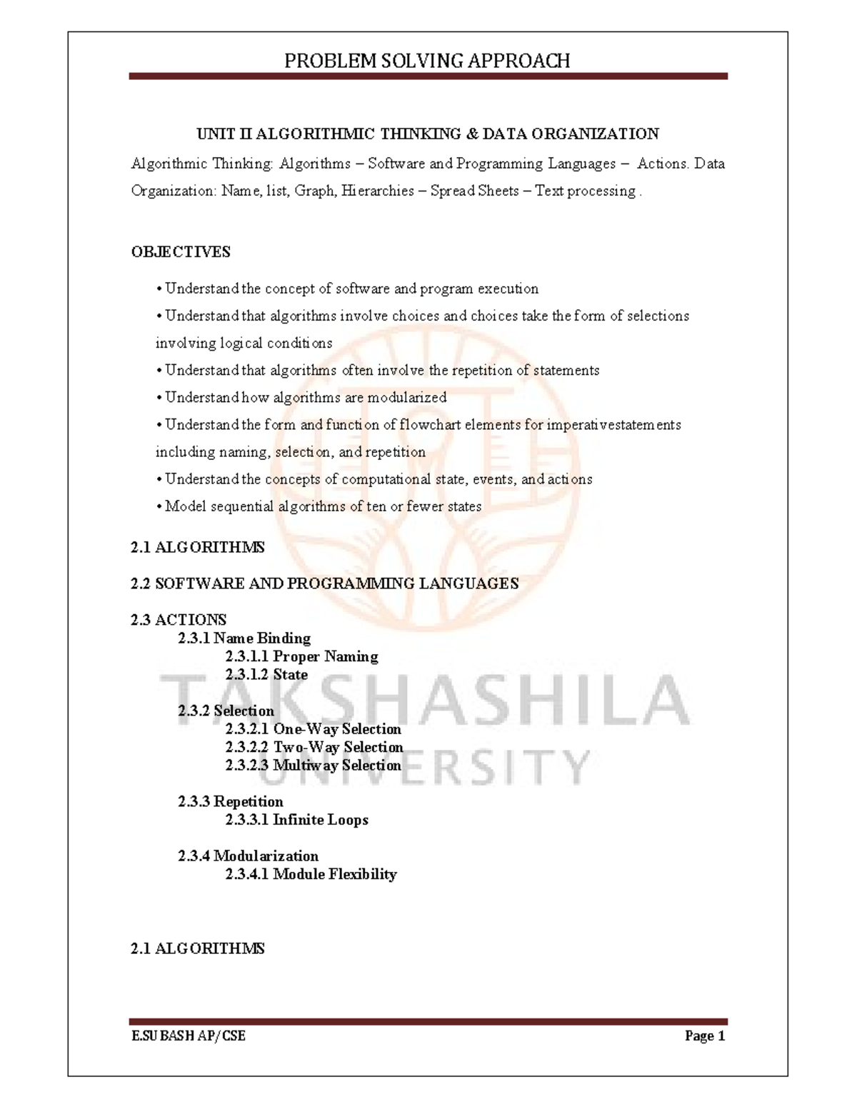 UNIT 2: Problem Solving Approach in Algorithmic Thinking - GE3151 - Studocu