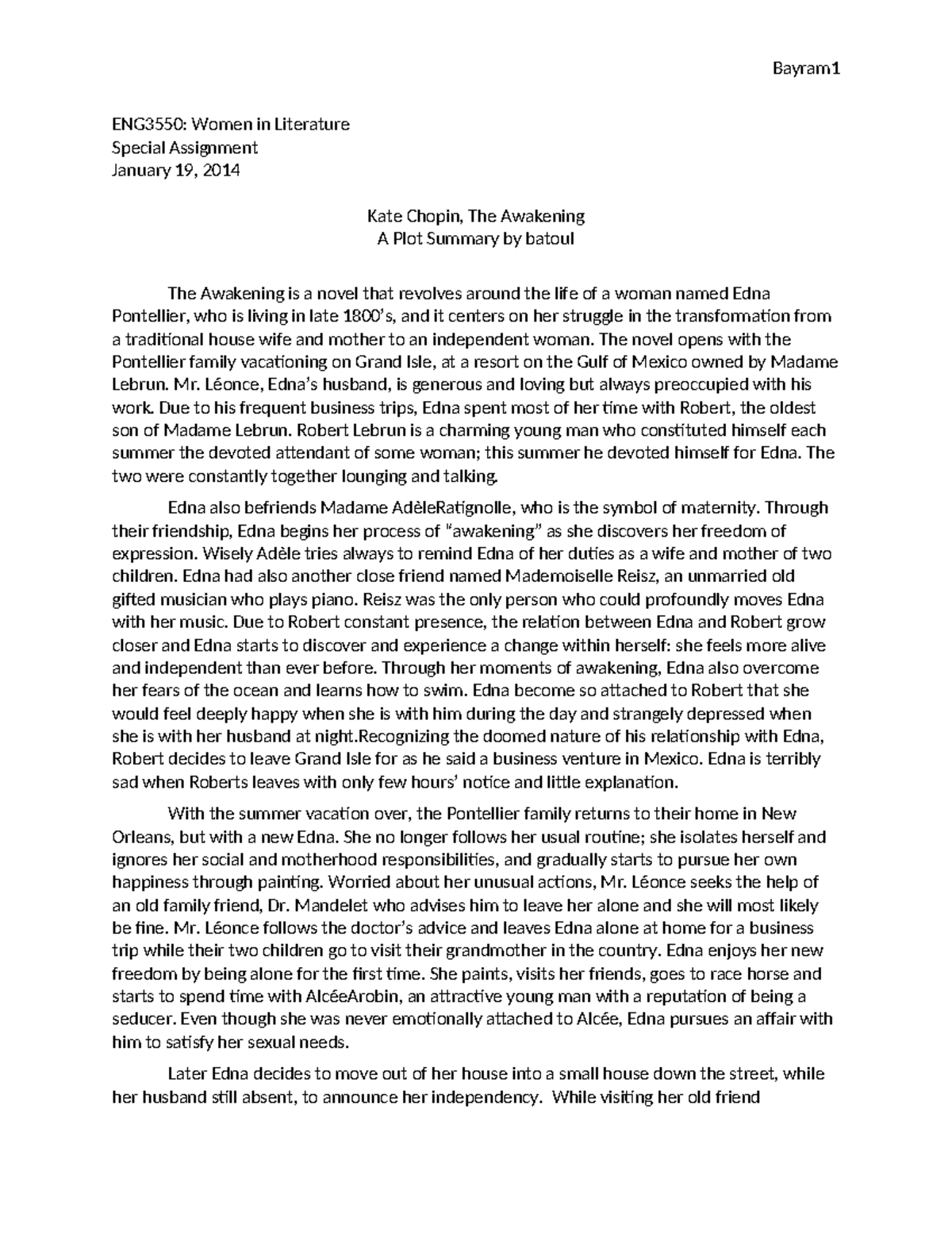 ENG3550: The Awakening - Detailed Plot Summary and Analysis - Studocu