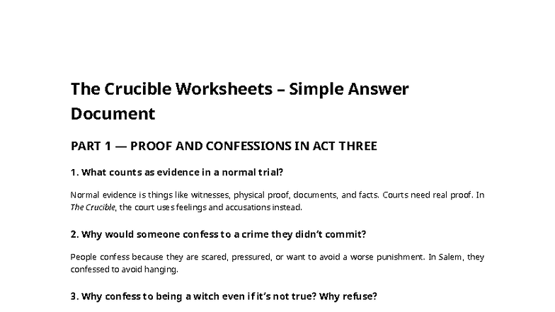 Crucible Worksheets: Simple Answers for Act 3 & 4 Analysis - Studocu