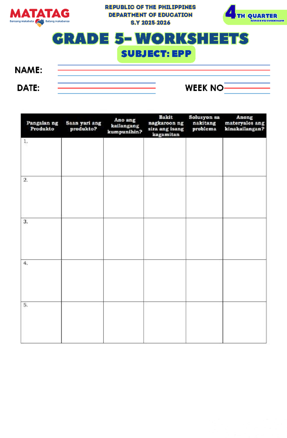 Q4 G5 EPP Worksheets: Revised K12 Curriculum Activities - Studocu