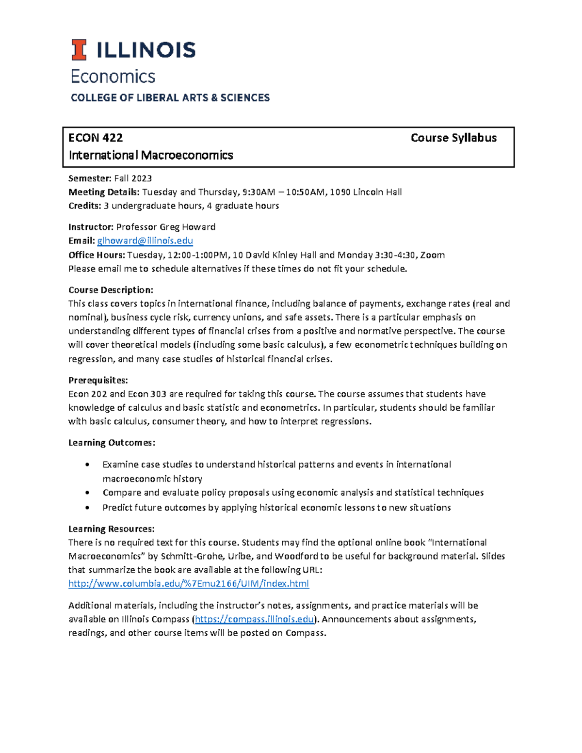 ECON 422: Fall 2023 International Macroeconomics Course Syllabus - Studocu