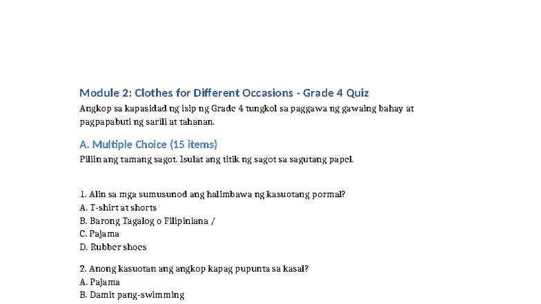 Grade 4 TLE Quiz: Clothes for Different Occasions and Good Grooming ...