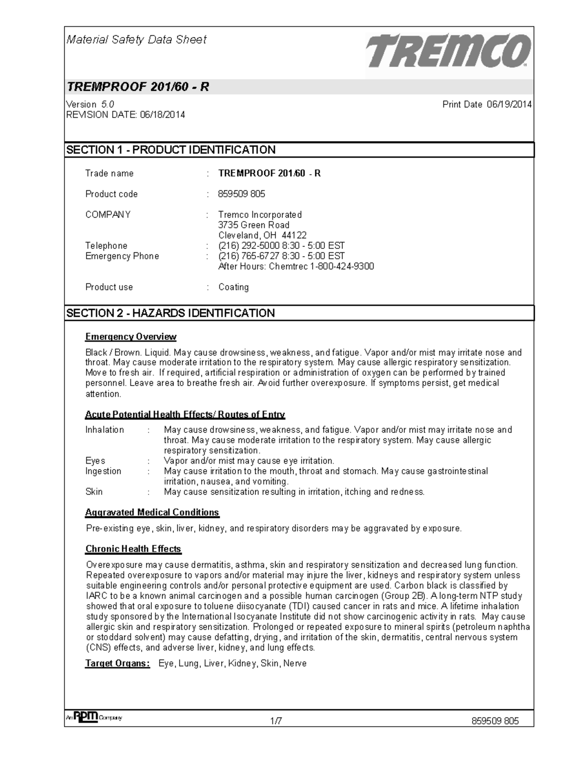 Material Safety Data Sheet (MSDS) for TREMPROOF R 859509 805 - Studocu