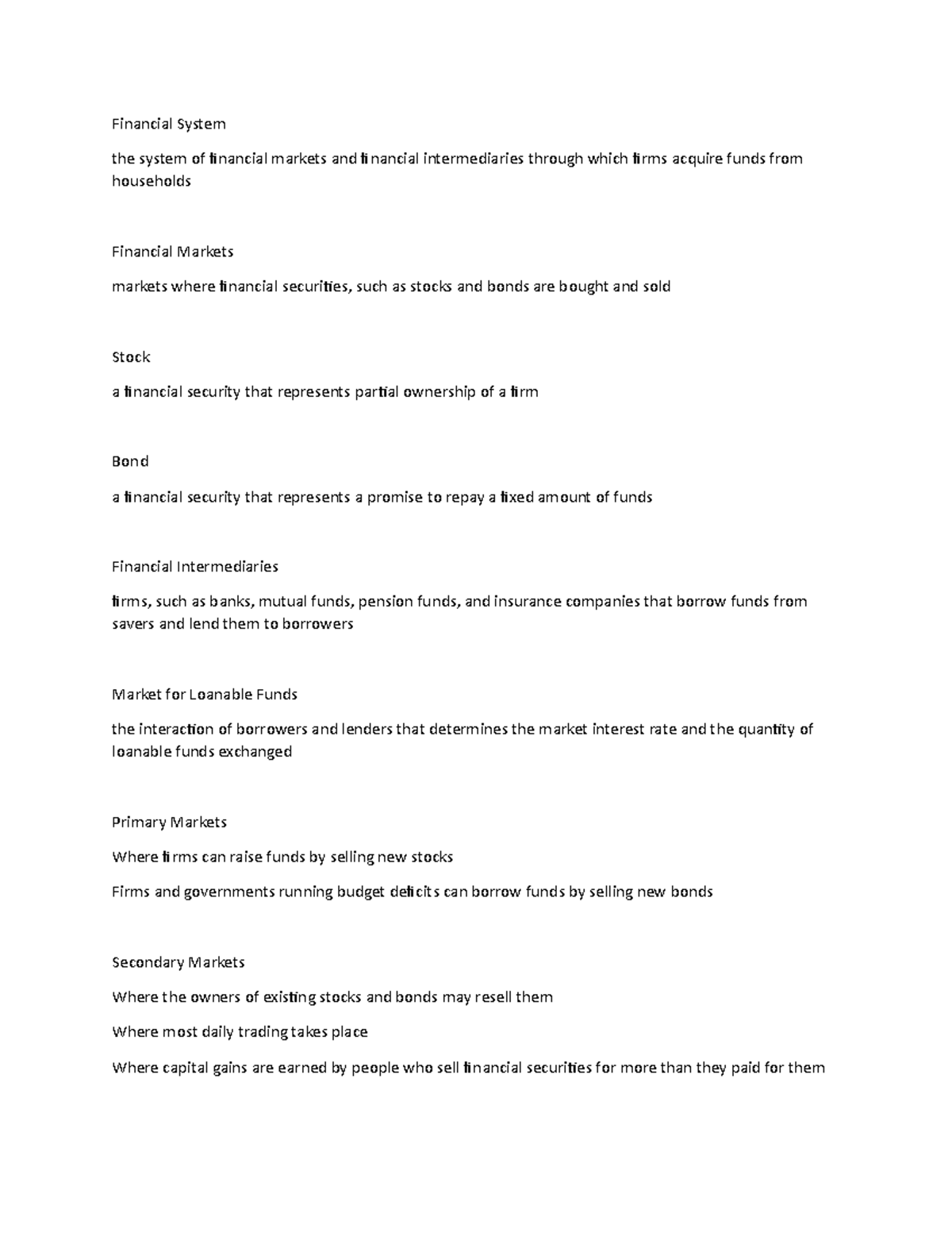 Macroecon final notes - Financial System the system of financial ...