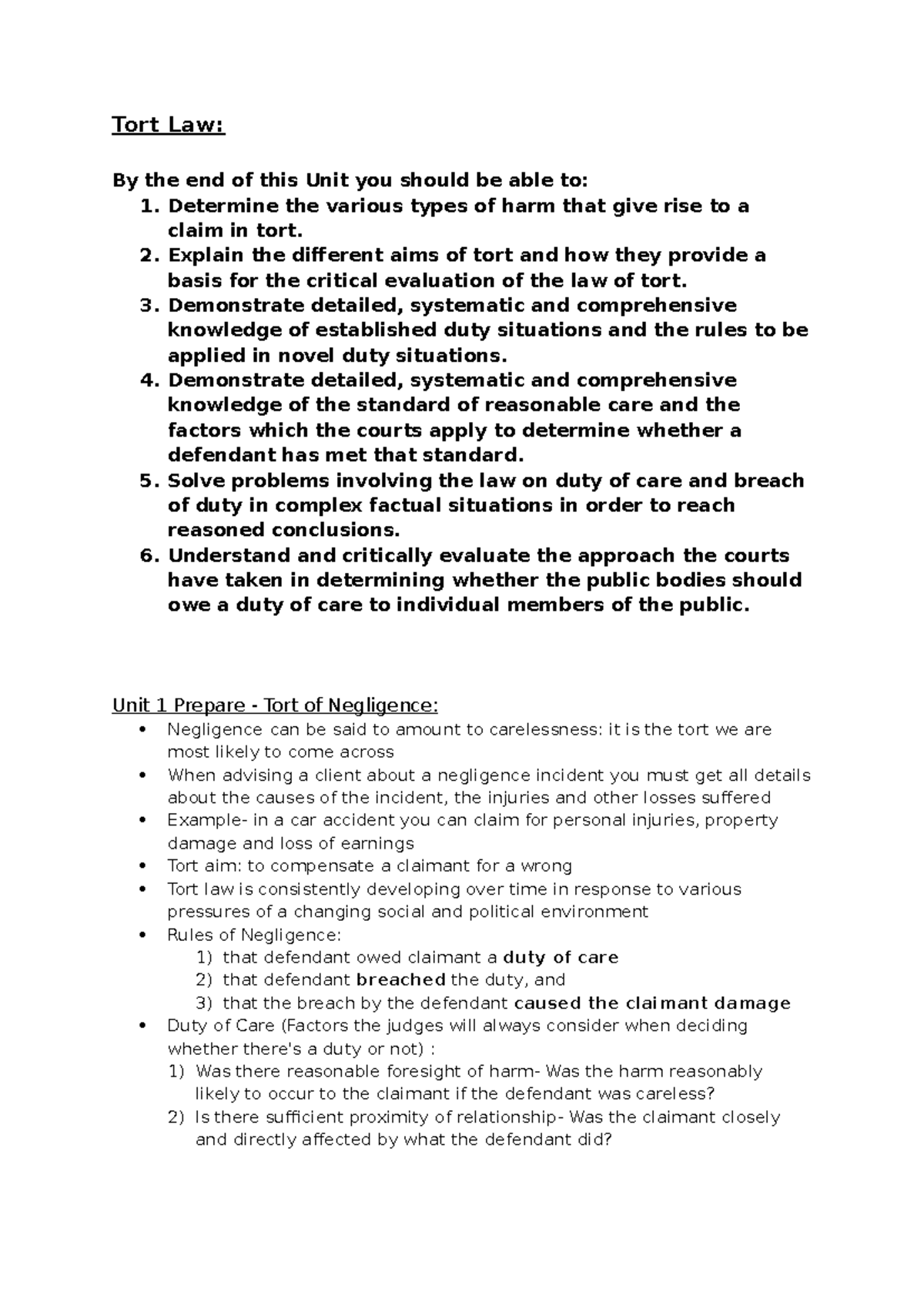 Tort Law - Tort Unit 1 - Tort Law: By the end of this Unit you should ...