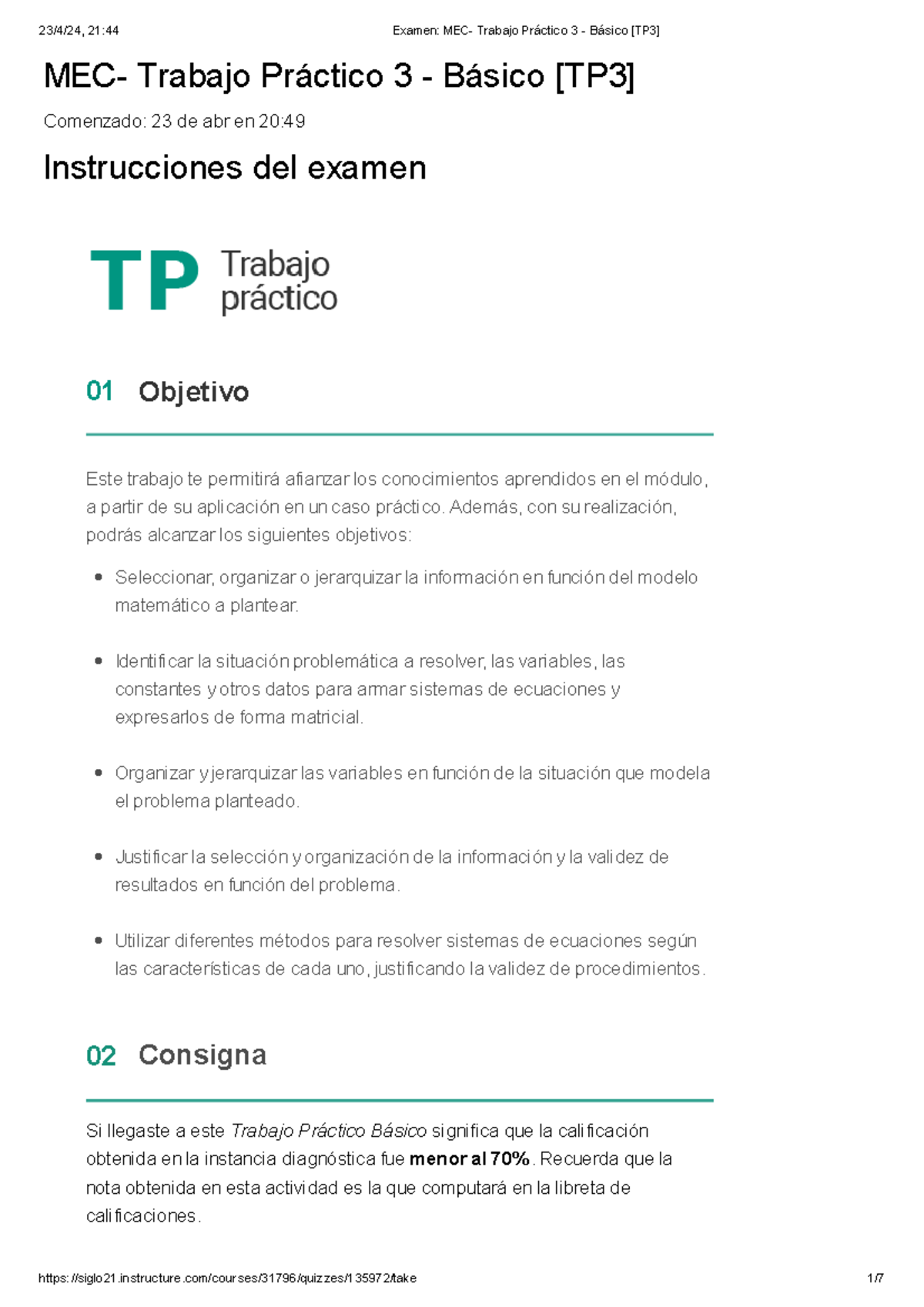 Examen MEC - Trabajo Práctico 3 - Básico [TP3] - Instrucciones y Consigna - Studocu