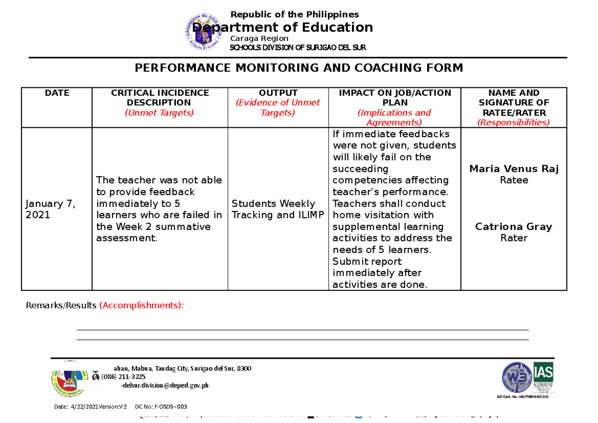 PMCF-Sample - PERFORMANCE MONITORING AND COACHING FORM - ISO Cert. No. AW/PH Balilahan, Mabua ...