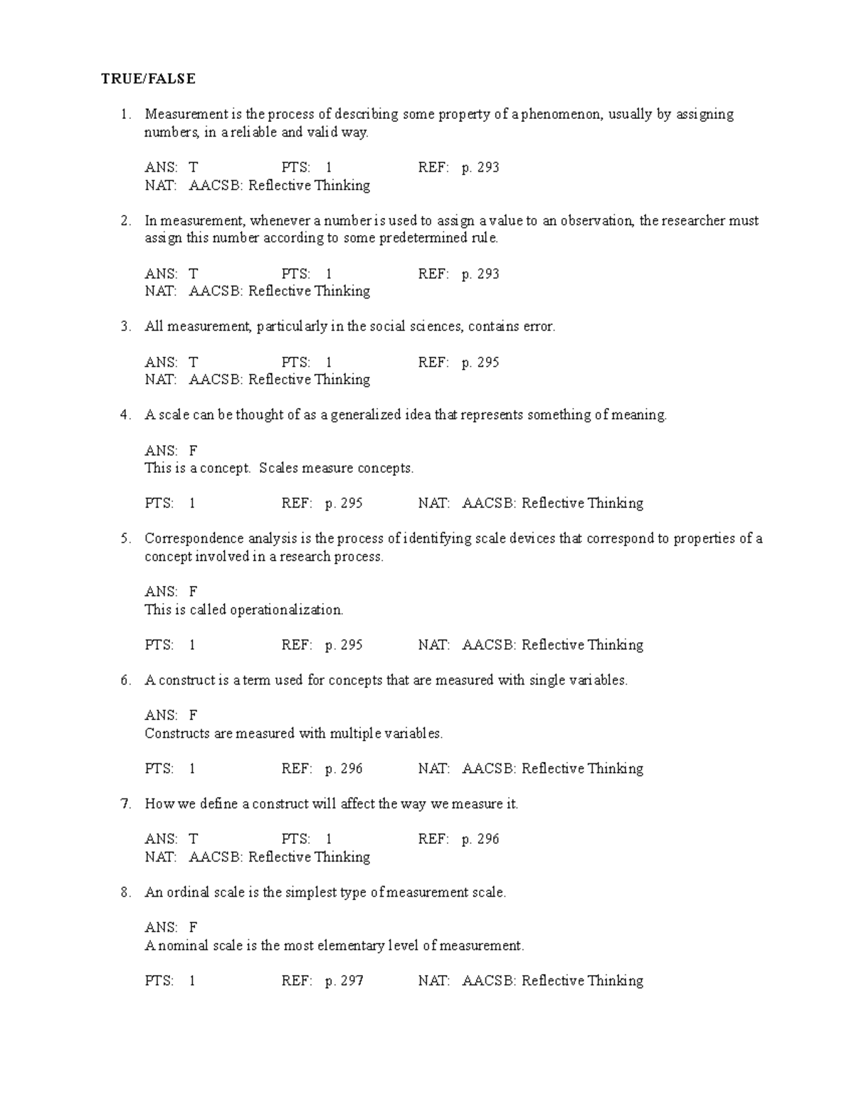 Chapter 13 - True/False Questions on Measurement Concepts - Studocu
