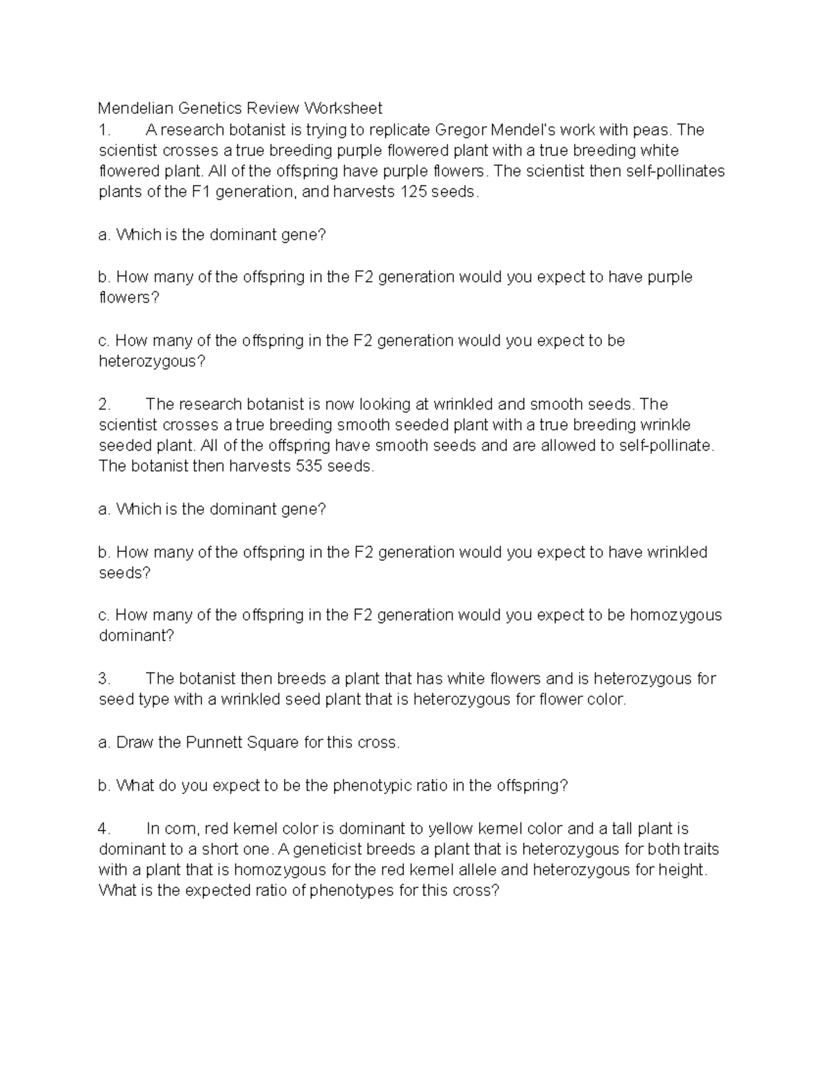 Genetics Worksheet (Mendelian Genetics Review) - Answers Included - Studocu