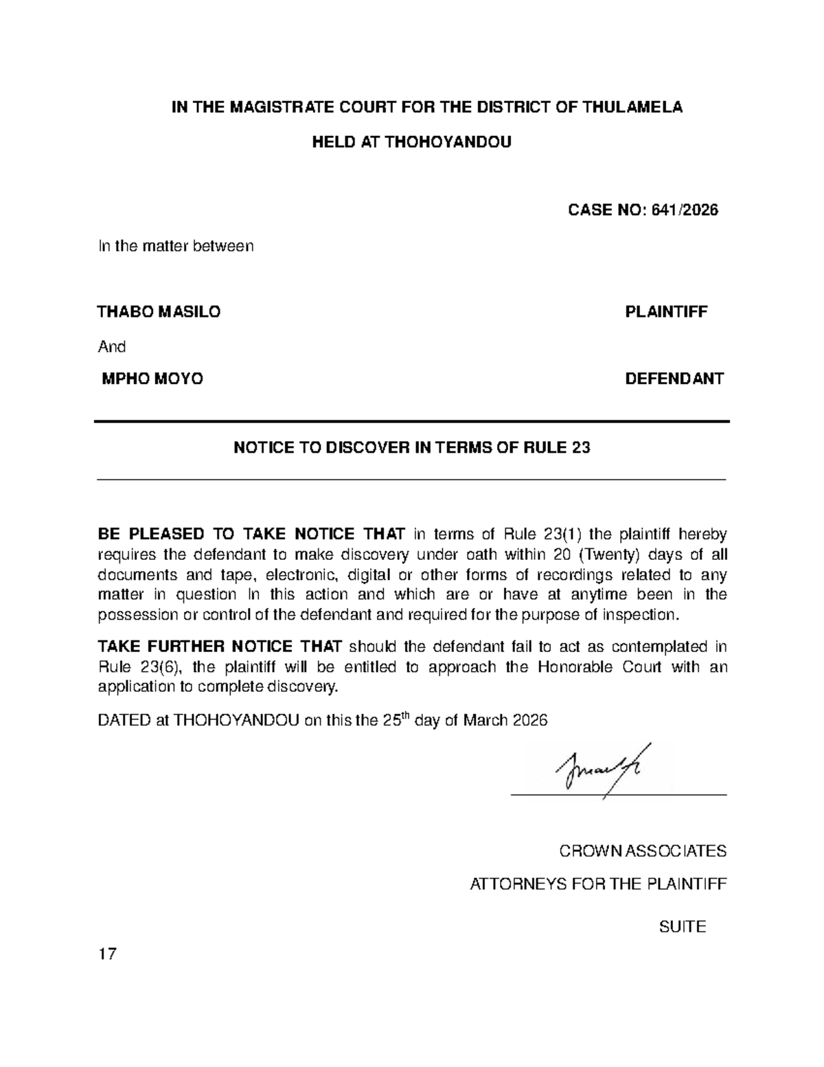 Notice to Discover - Case No: Thabo Masilo vs Mpho Moyo - Studocu