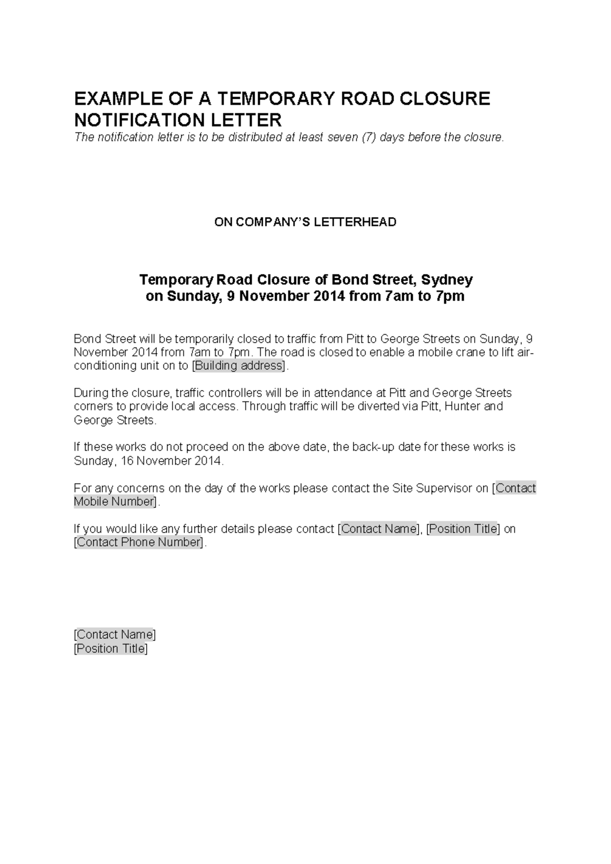 Temporary Road Closure Notification Letter Template - Studocu