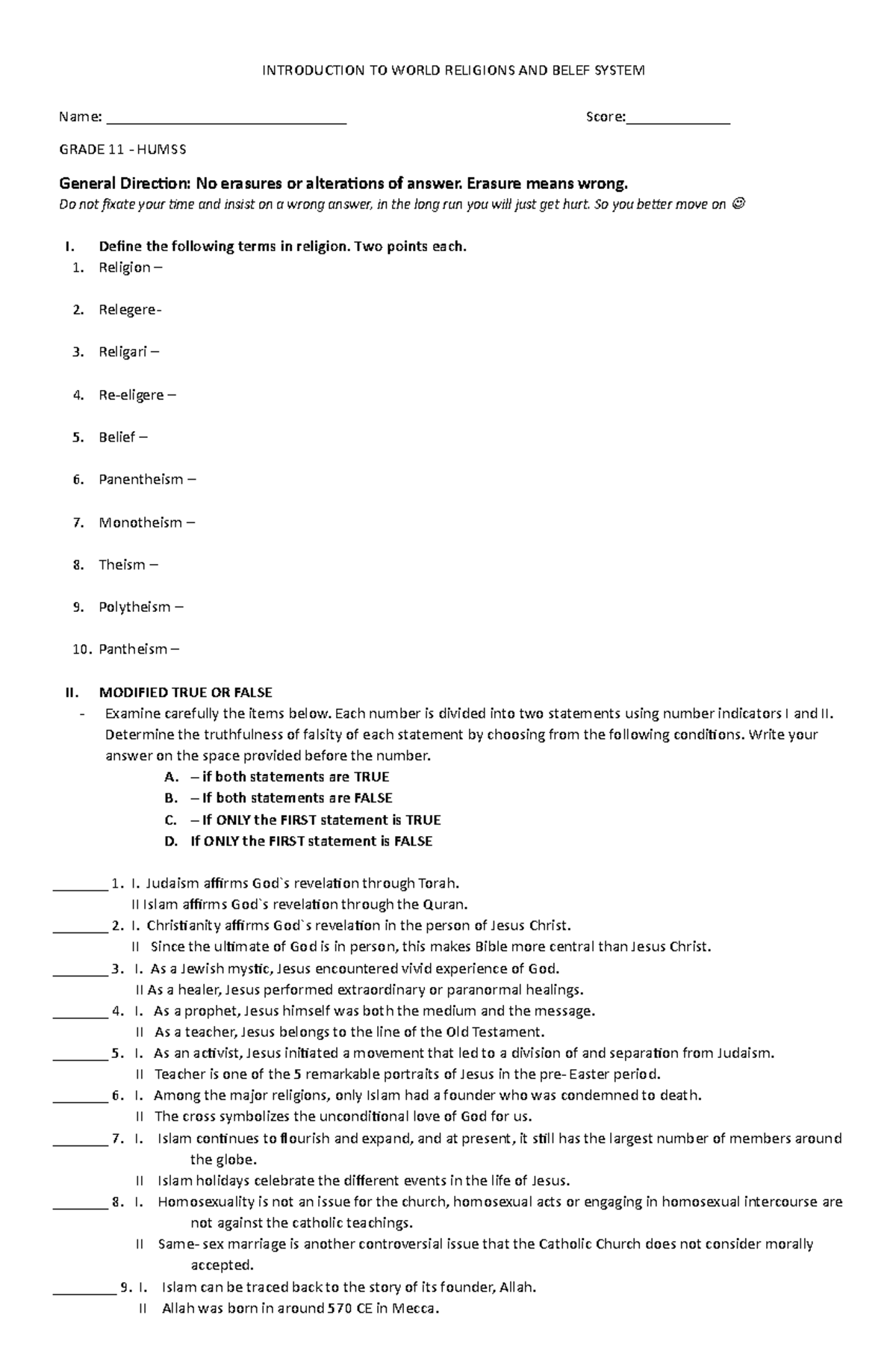 Fisrt periodical test religion - INTRODUCTION TO WORLD RELIGIONS AND ...