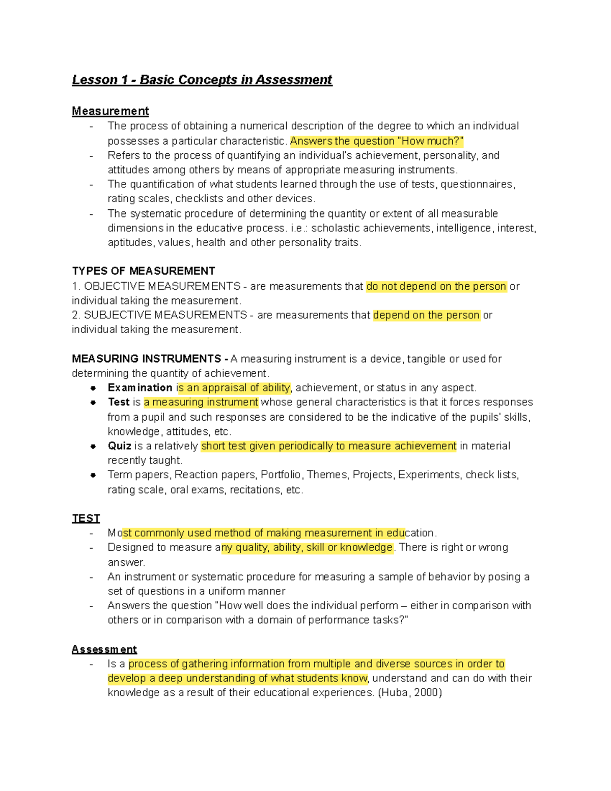 Ed 104 Lesson 1: Basic Concepts in Assessment Measurement - Studocu