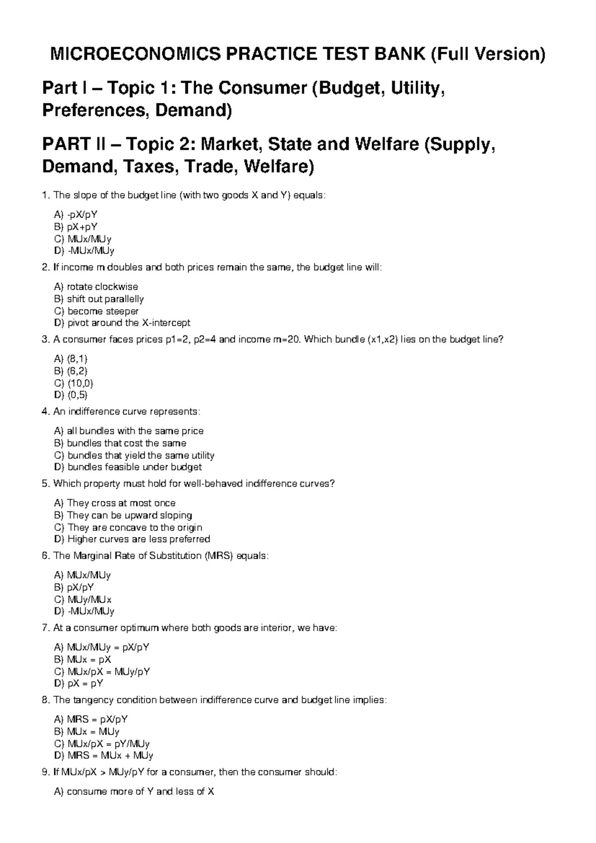 MICROECONOMICS PRACTICE TEST BANK: Consumer & Market Topics - Studocu