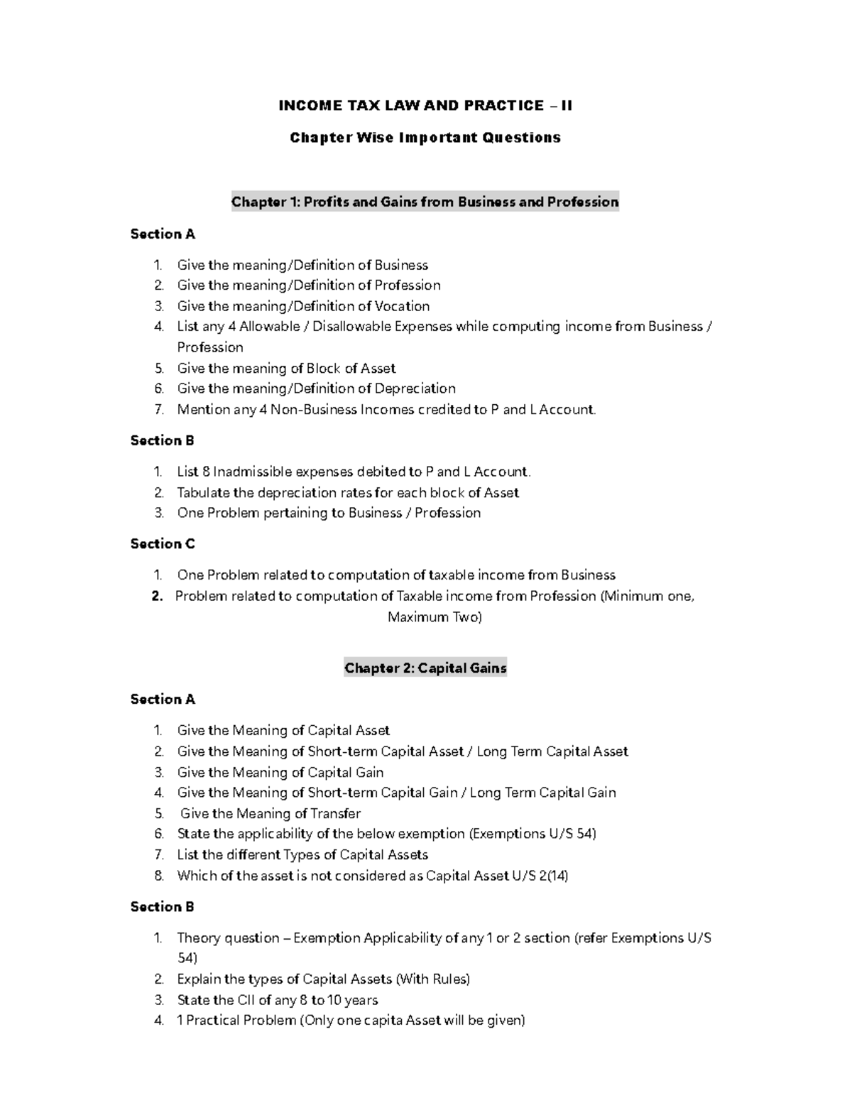 Income Tax Law and Practice II: Important Questions by Chapter - Studocu