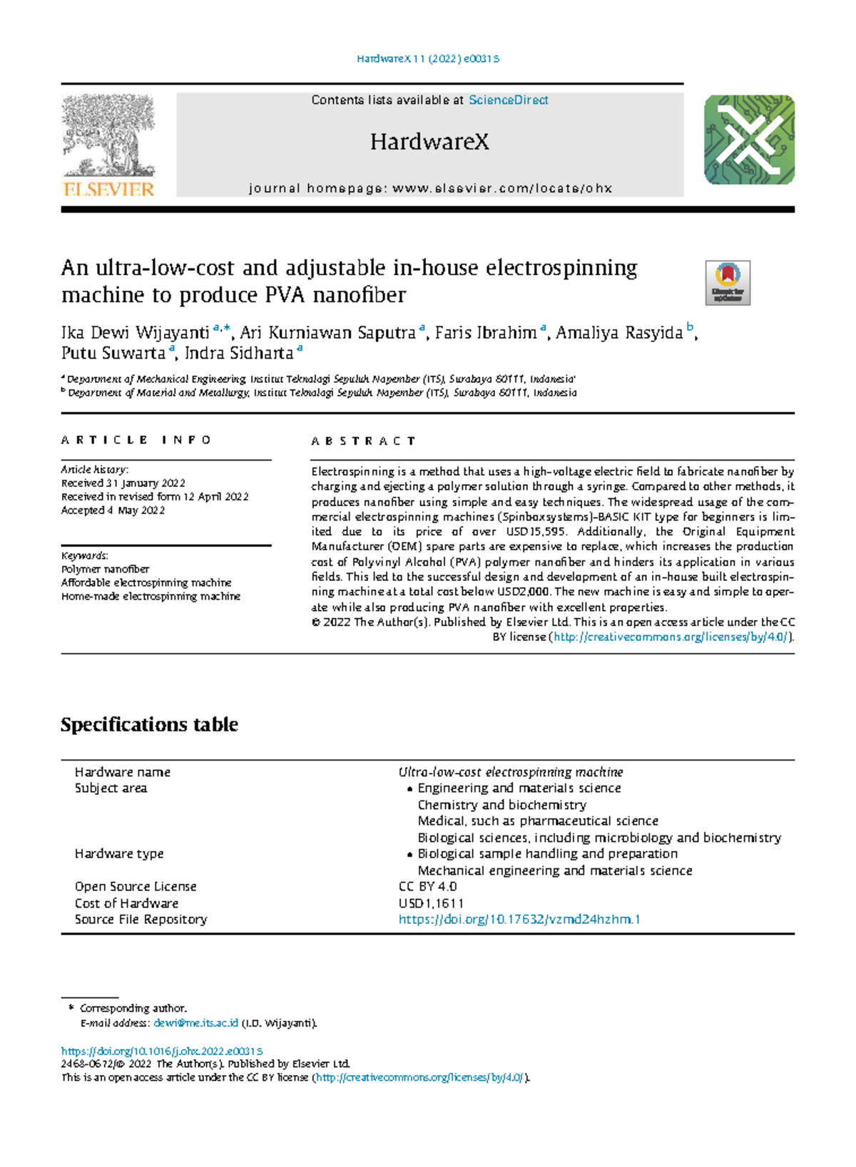 Affordable Adjustable Electrospinning Machine for PVA Nanofiber ...