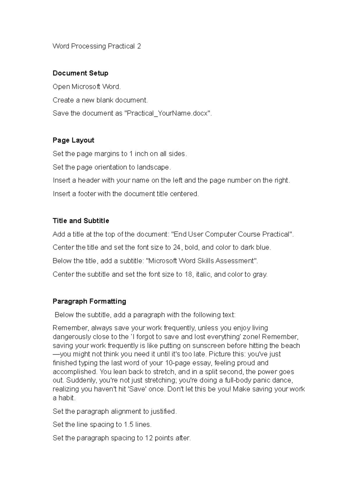 Word Processing Practical 2: Document Setup Guide (140525) - Studocu