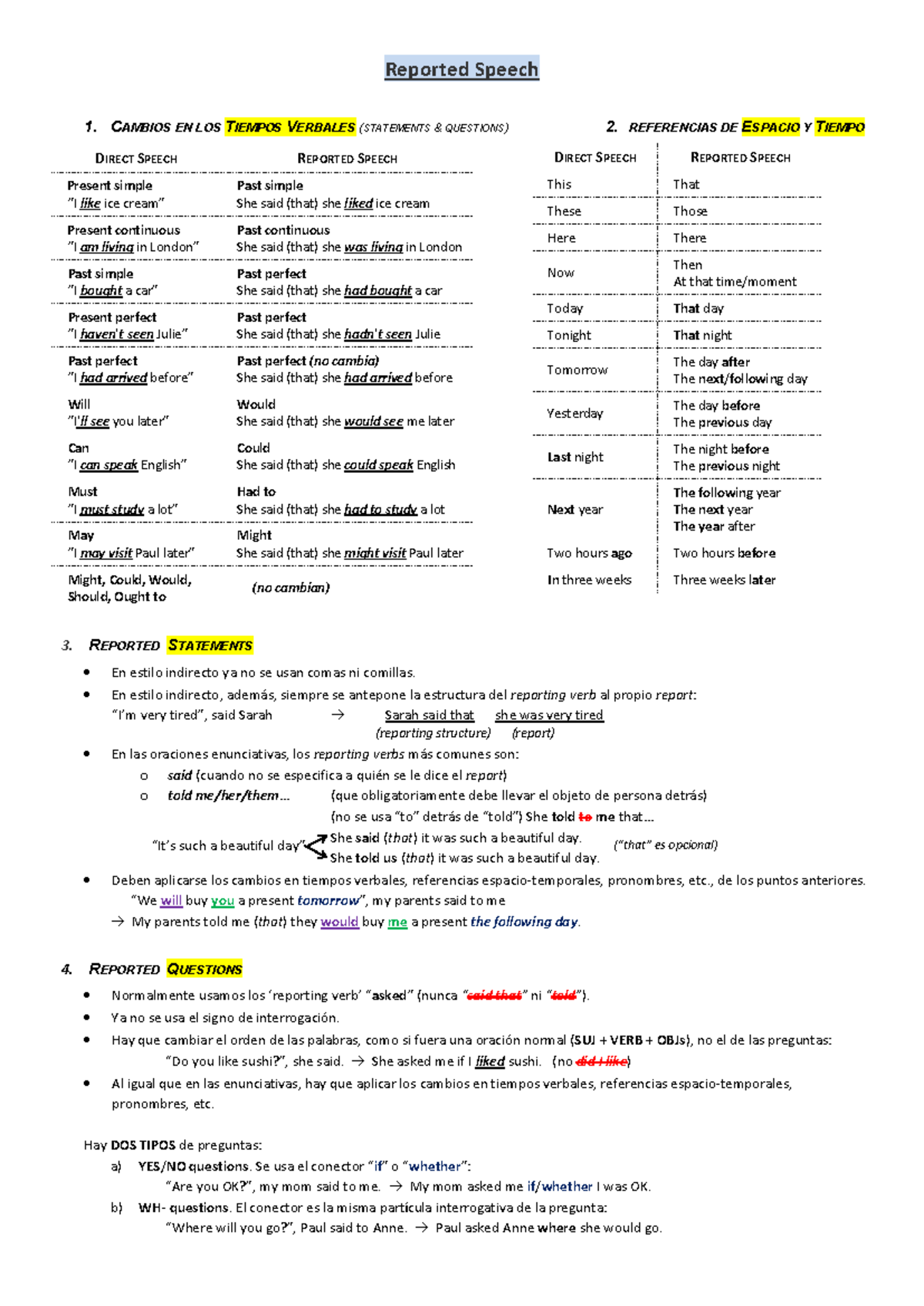 Reported speech - Reported Speech 1. CAMBIOS EN LOS TIEMPOS VERBALES ...