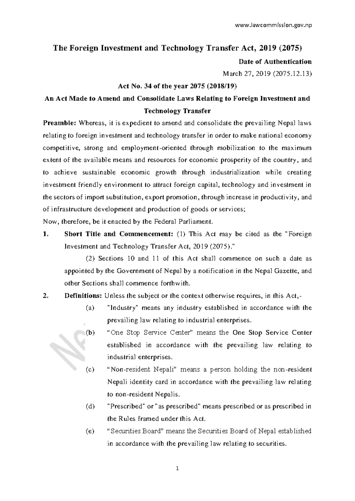 Foreign Investment and Technology Transfer Act, 2019 (2075) Overview ...