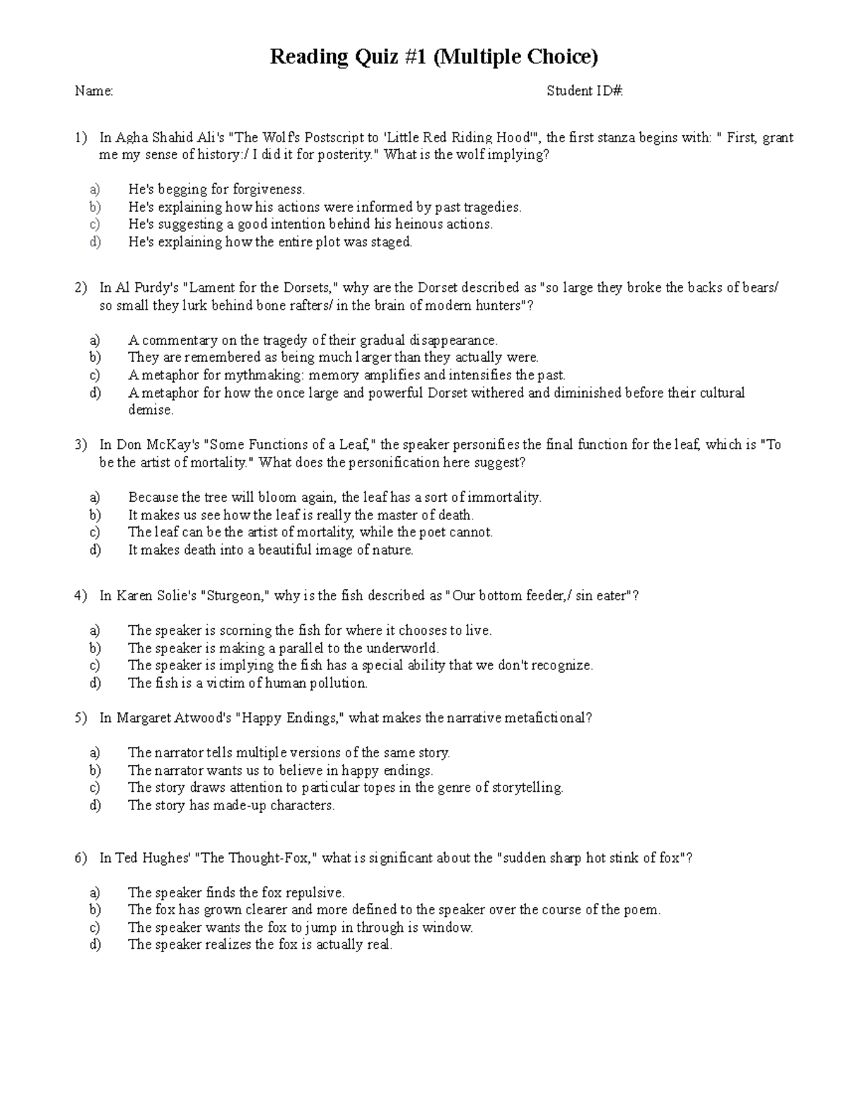 Reading Quiz (Multiple Choice) - Analysis of Literary Texts - Studocu